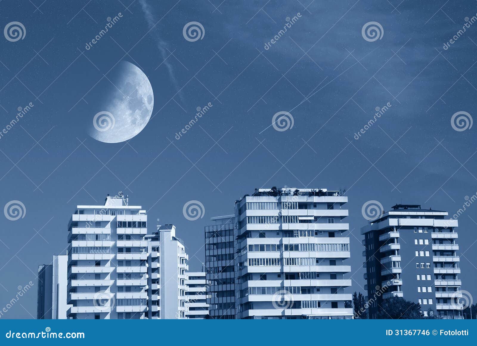 Moon over the buildings stock photo. Image of night, romantic - 31367746