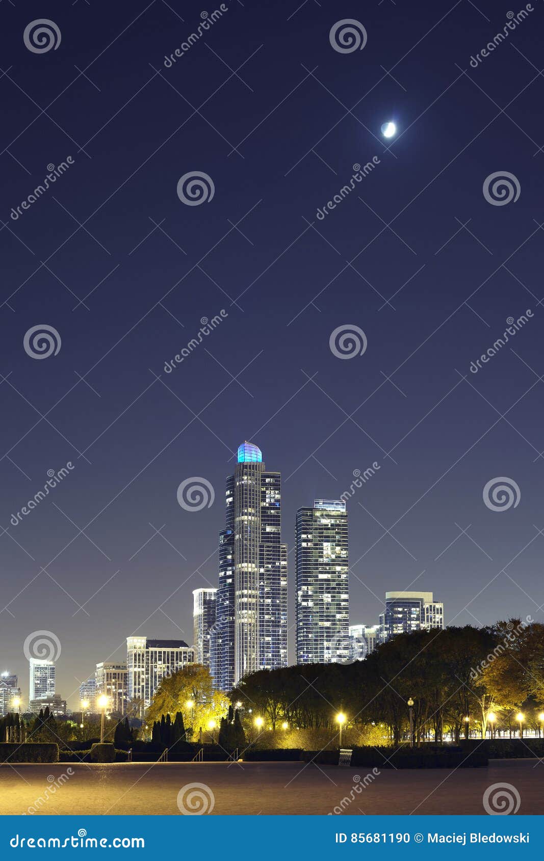 Moon Over Chicago Downtown at Night, USA Stock Photo - Image of ...