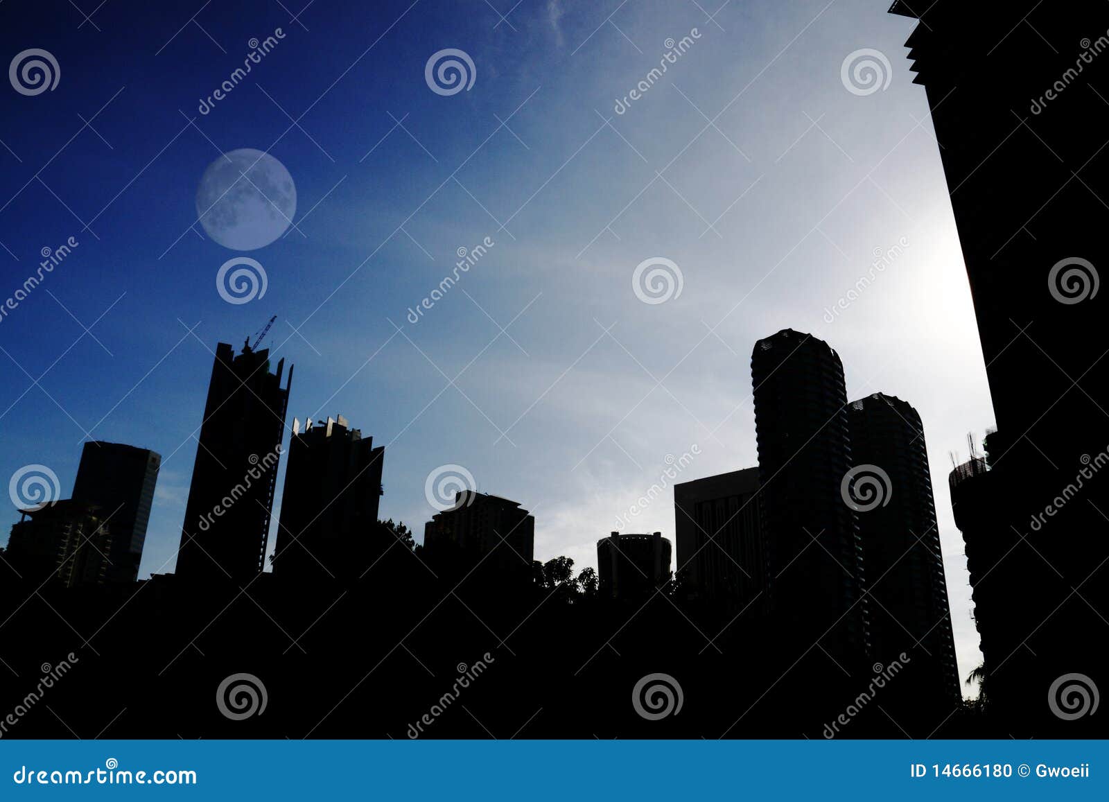 Moon over the city. stock photo. Image of blue, full - 14666180
