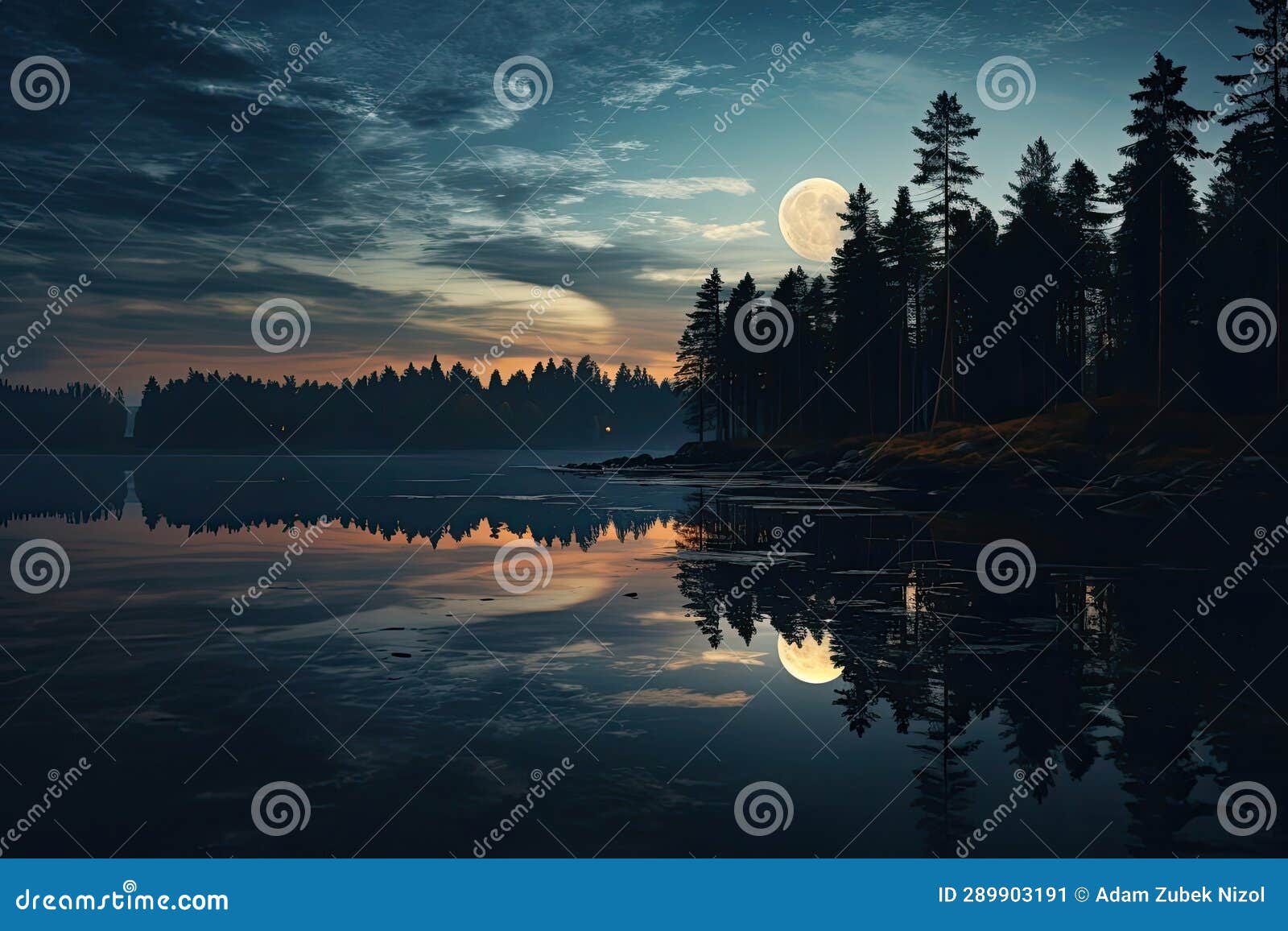 A moon over a lake stock illustration. Illustration of reflection ...