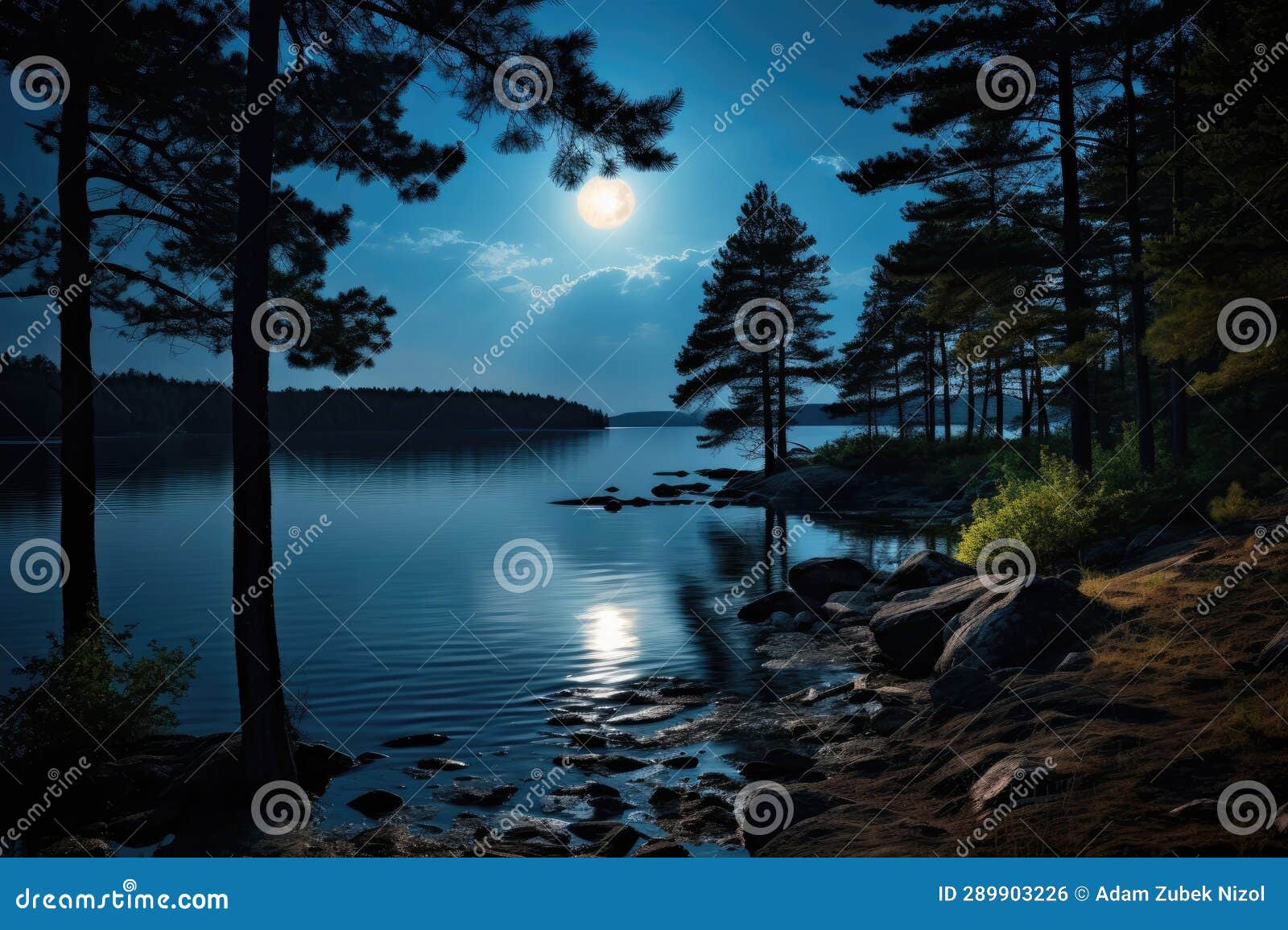 A moon over a lake stock illustration. Illustration of landscape ...