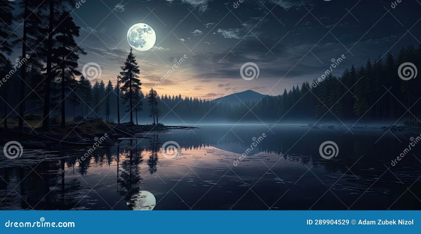 A moon over a lake stock illustration. Illustration of water - 289904529