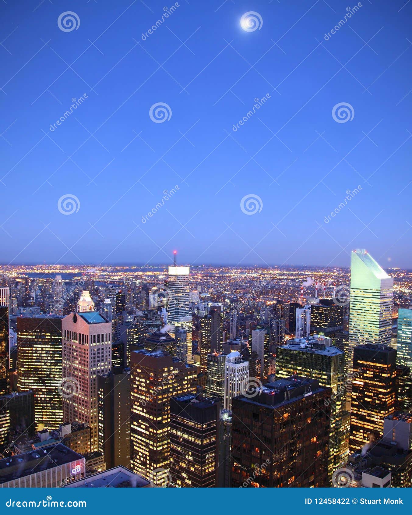Moon over Manhattan stock photo. Image of lights, moon - 12458422