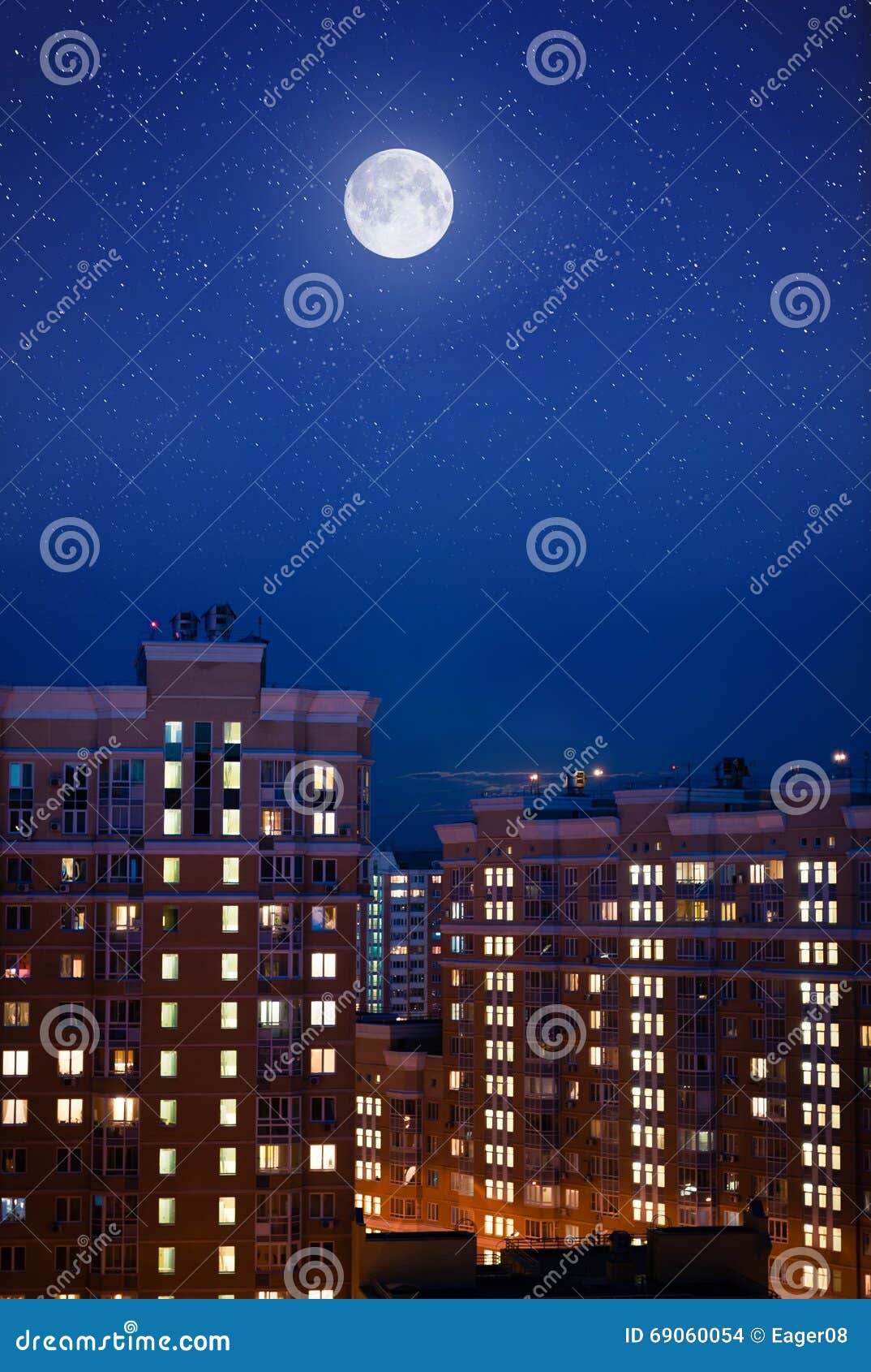 Moon over night city stock photo. Image of town, street - 69060054