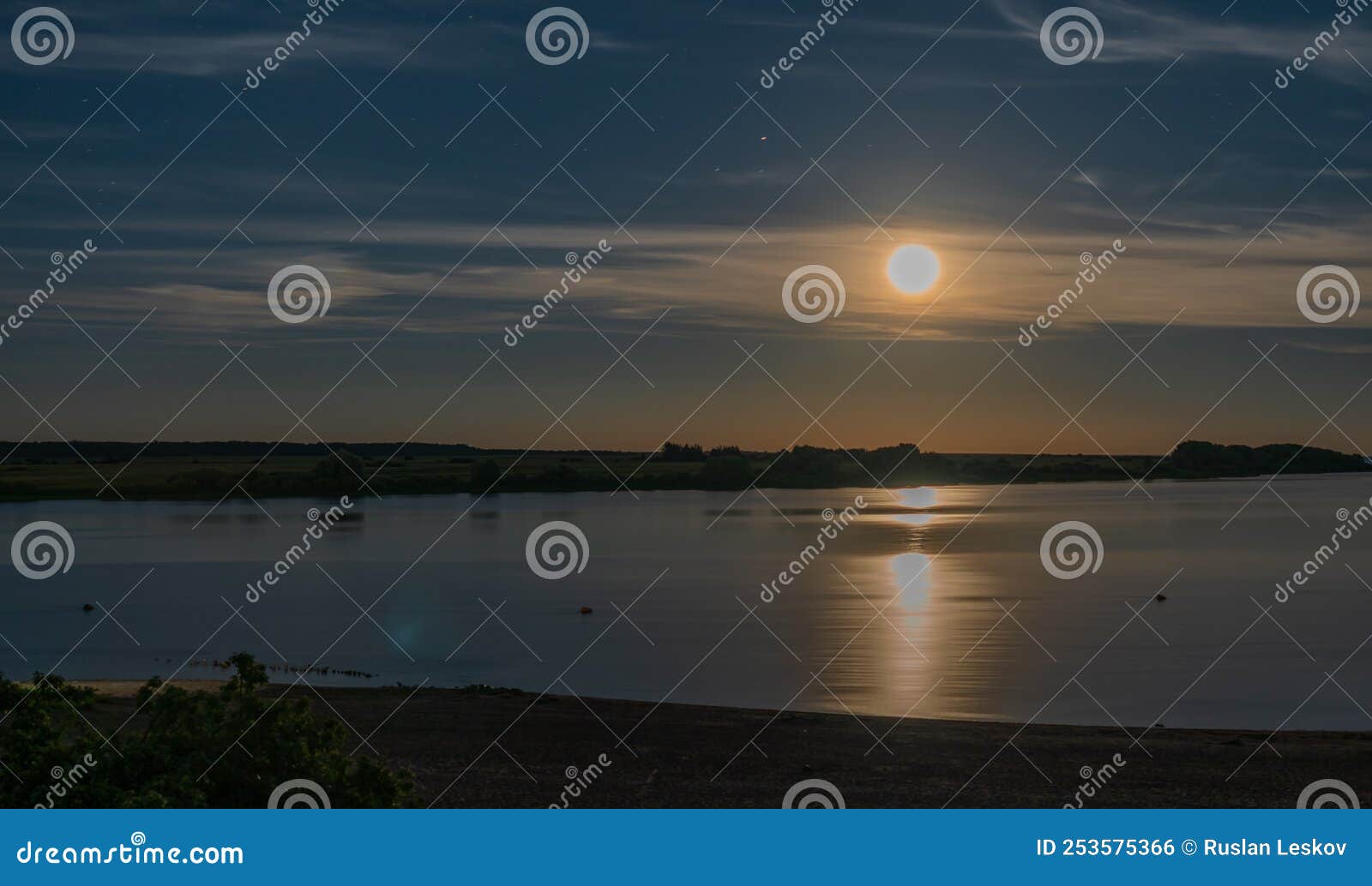 The Moon Over the River in the Starry Sky in Light Clouds. Night Summer ...