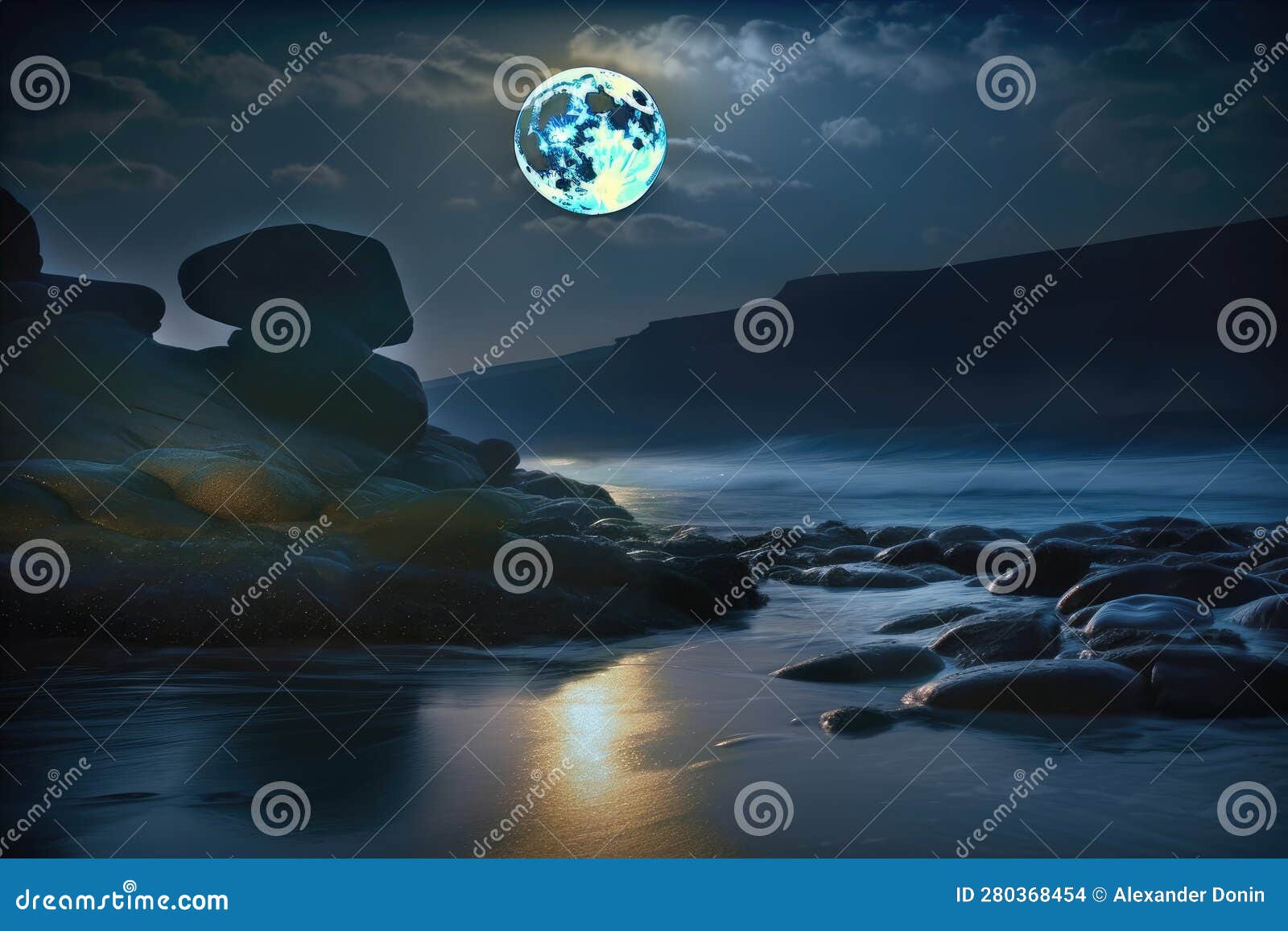 Moon Over the Sea at Night Close-up with Moonlight Path in the Style of ...