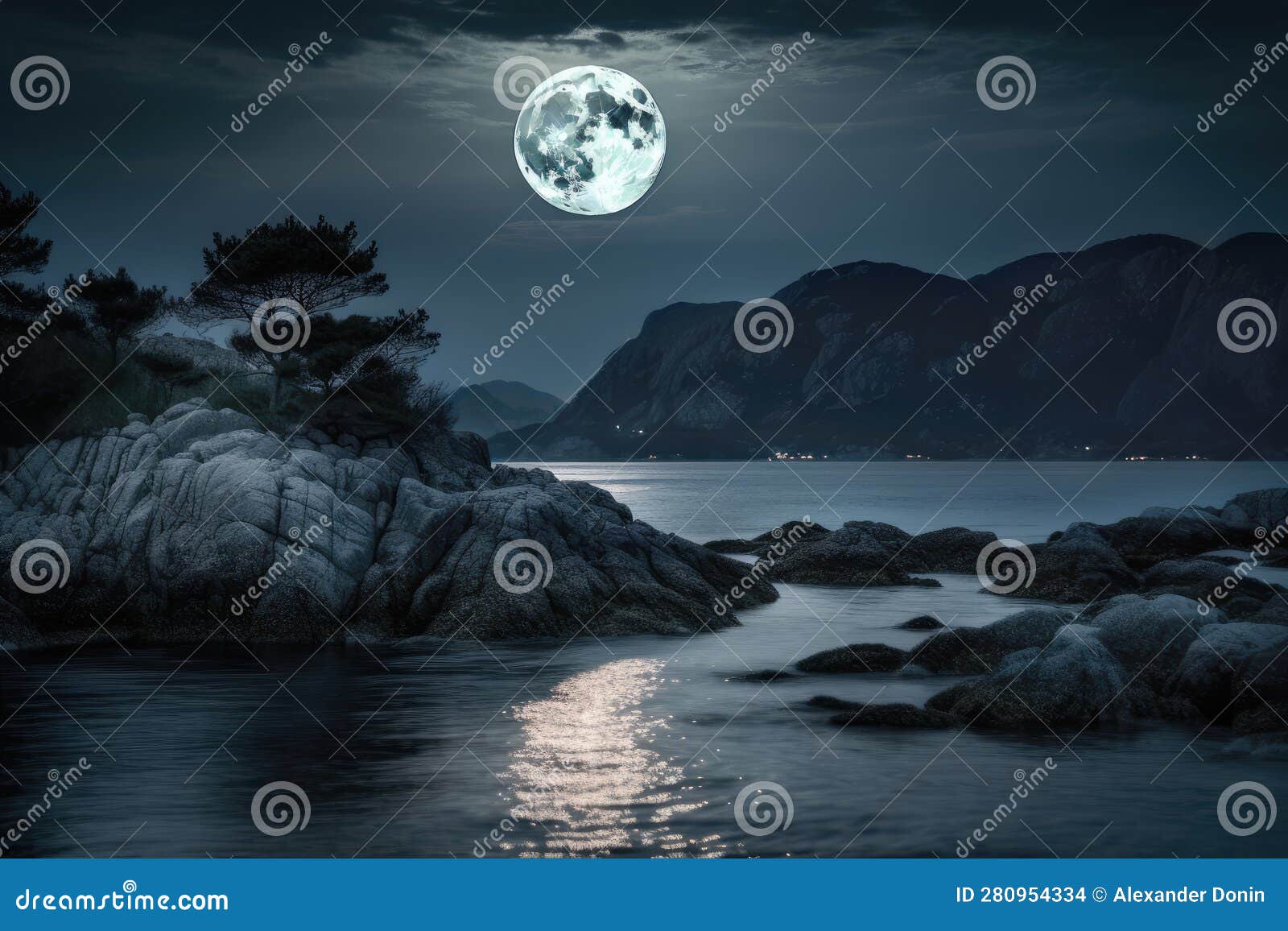 Moon Over the Sea at Night Close-up with Moonlight Path in the Style of ...