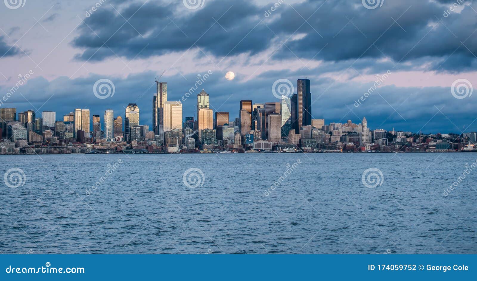 Moon Over Seattle stock photo. Image of washington, ocean - 174059752