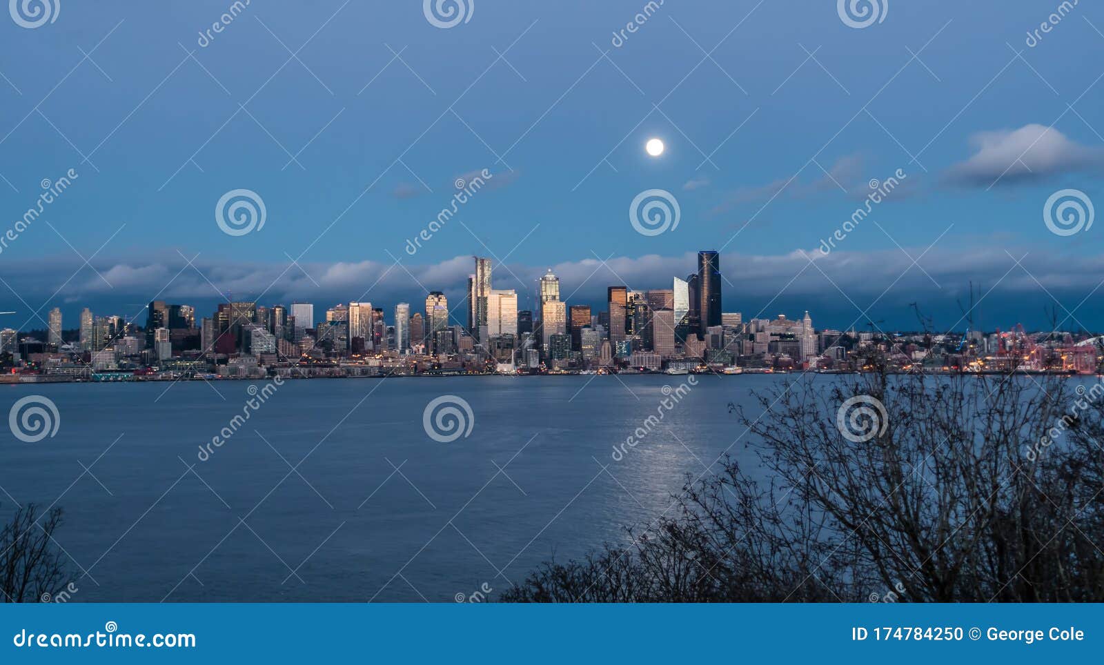 Moon Over Seattle 7 stock photo. Image of architecture - 174784250