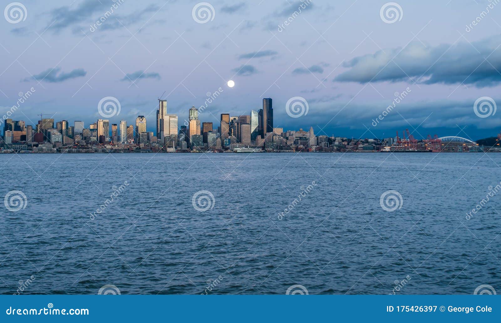 Moon Over Seattle 3 stock image. Image of water, clouds - 175426397