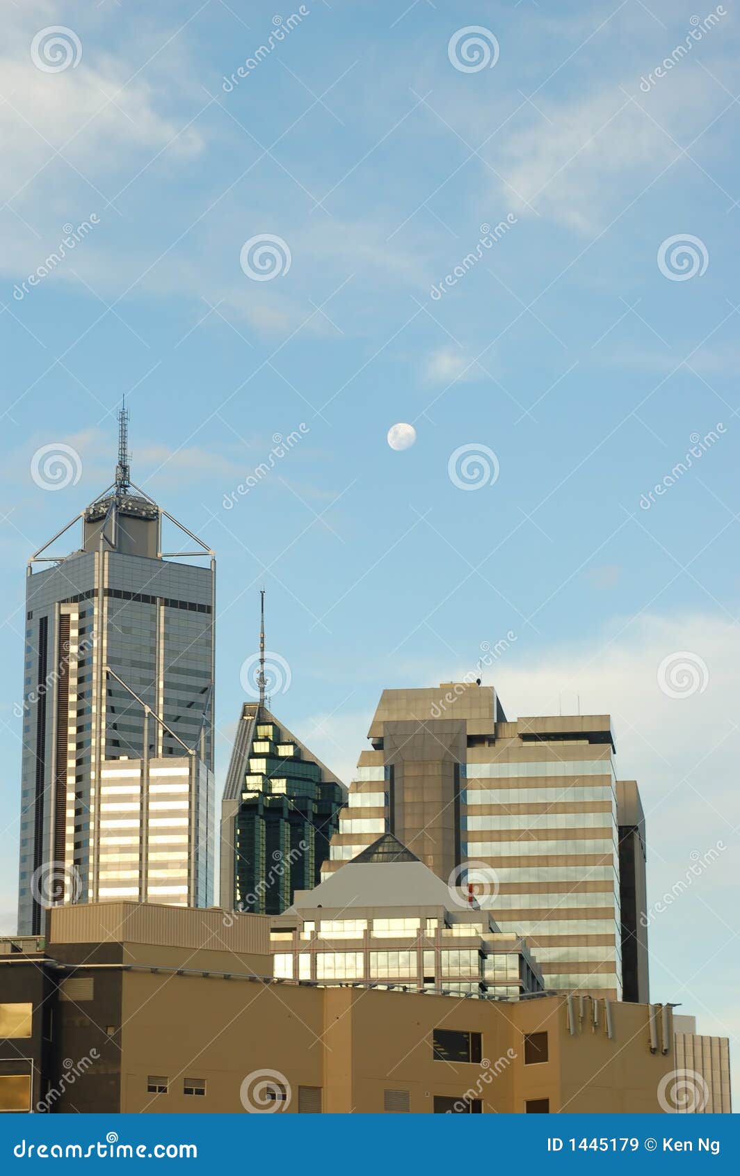 Moon Over Sun-lit Perth Skyscrapers Stock Image - Image of living ...