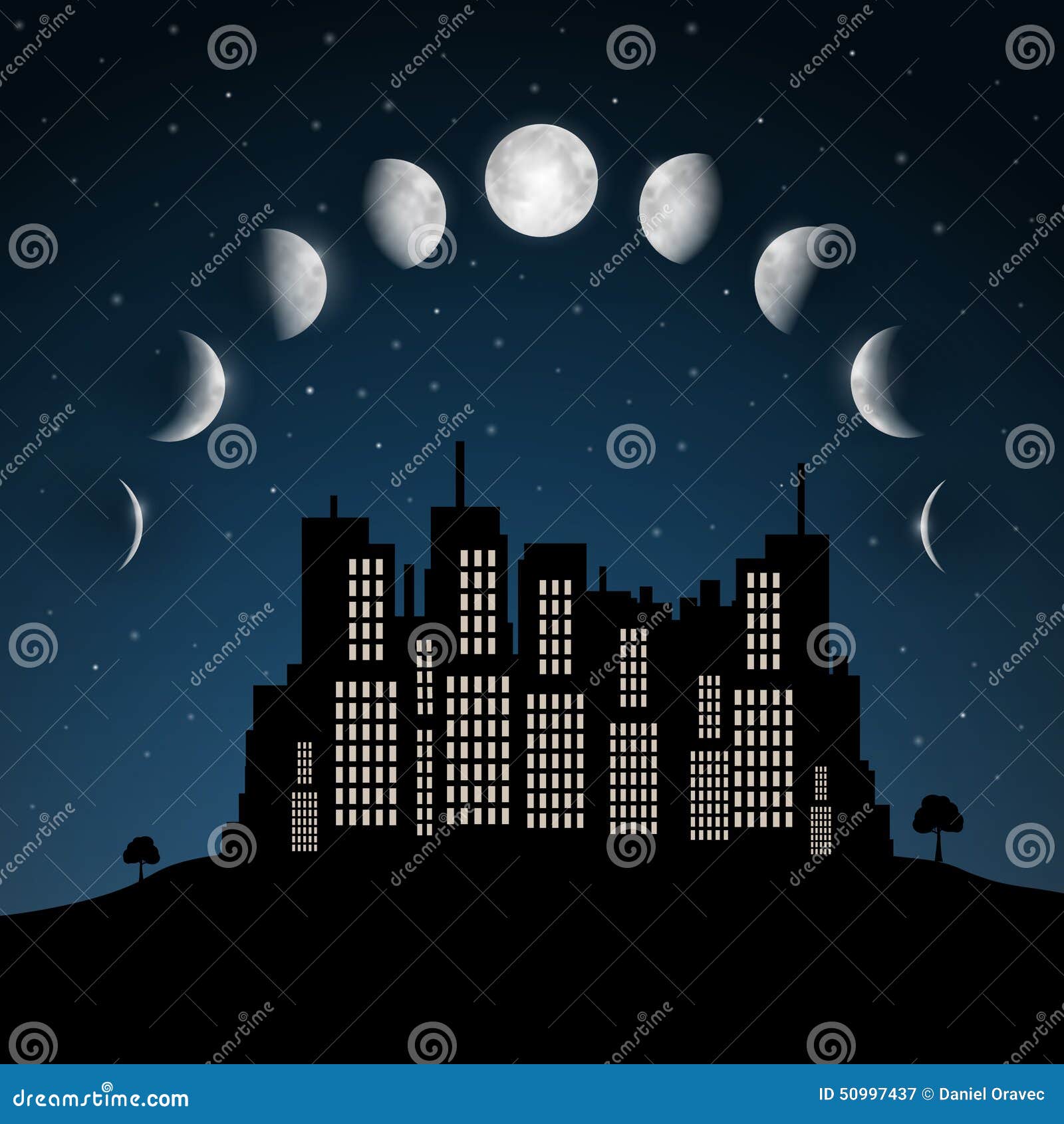 Moon Phases Above Night City Stock Illustration - Illustration of lunar ...