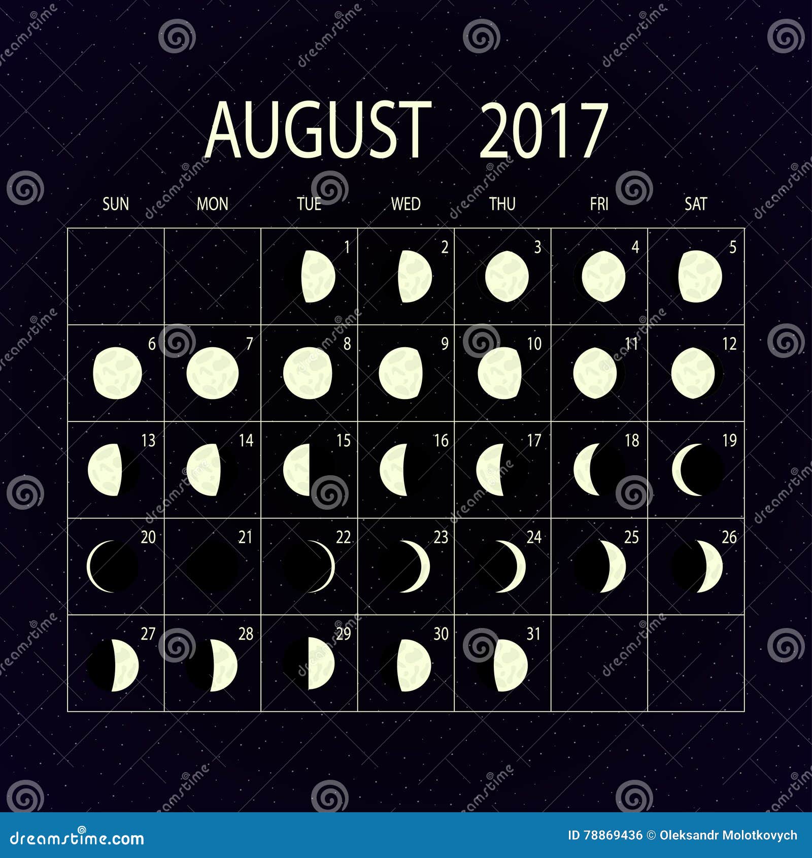 Moon Phases Calendar for 2017. August. Vector Illustration. Stock ...
