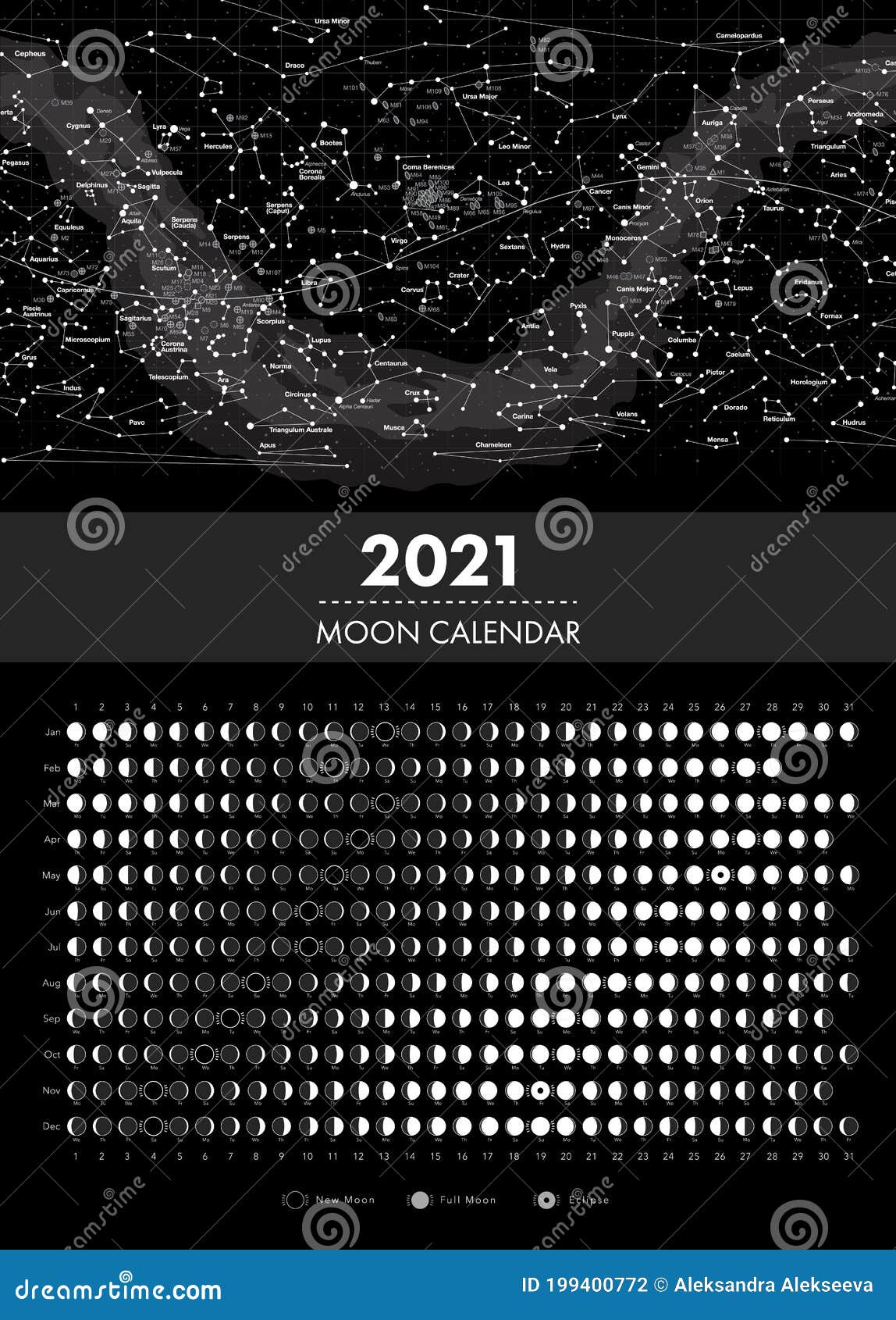2021 Moon Phases Calendar and Equatorial Star Map Vector Stock Vector ...