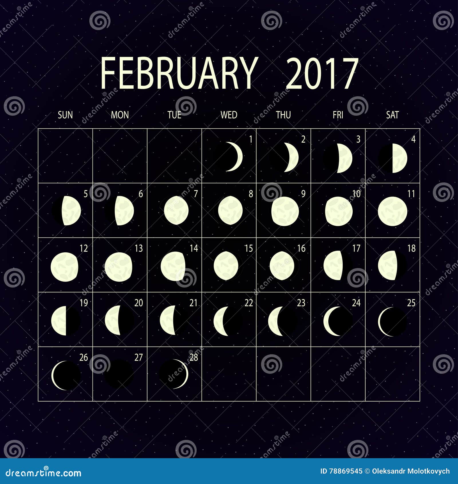 Moon Phases Calendar for 2017. February. Vector Illustration. Stock ...
