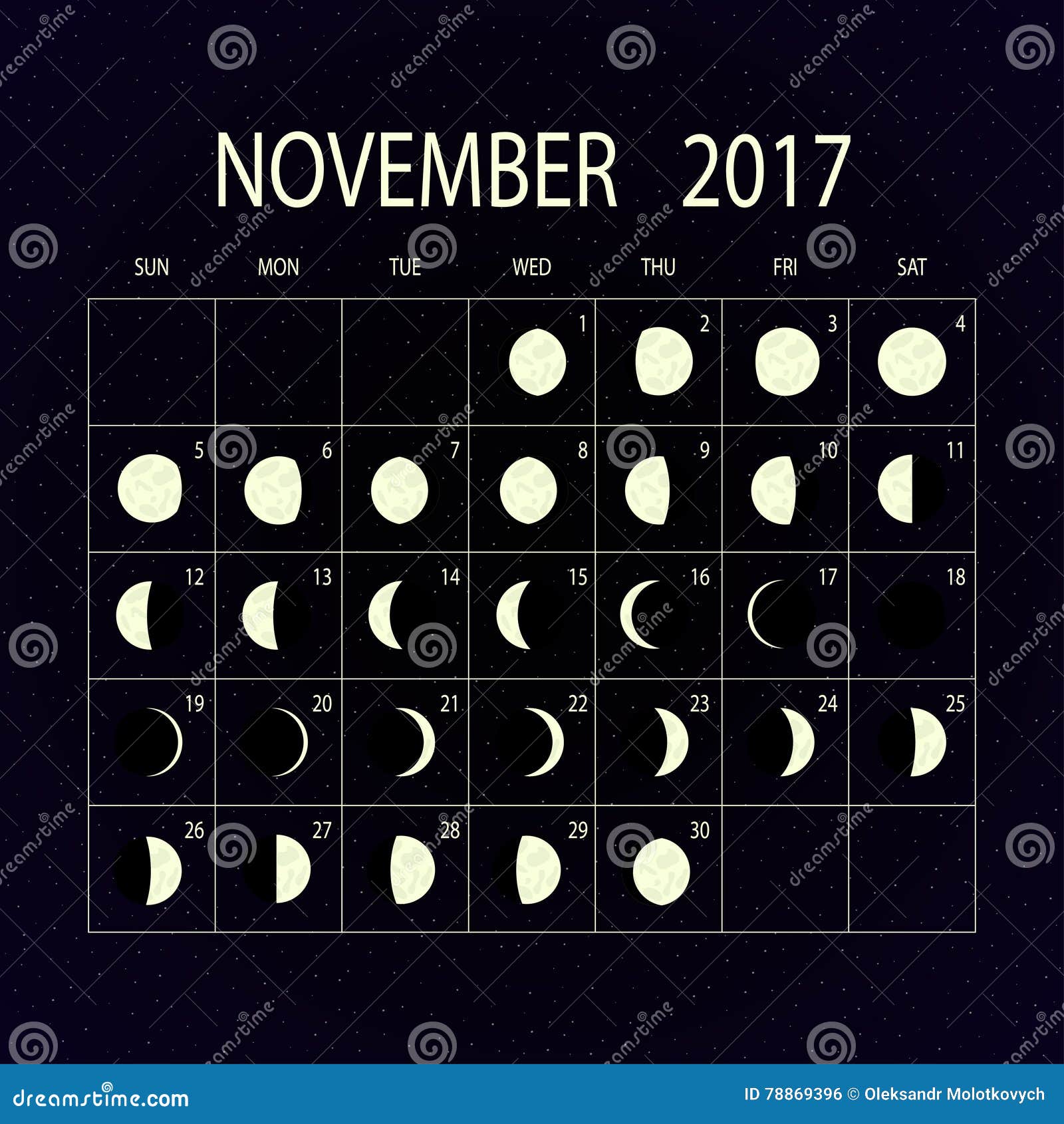 Moon Phases Calendar for 2017. November. Vector Illustration. Stock ... Moon Phases Calendar for 2017. November. Vector Illustration. Stock ...