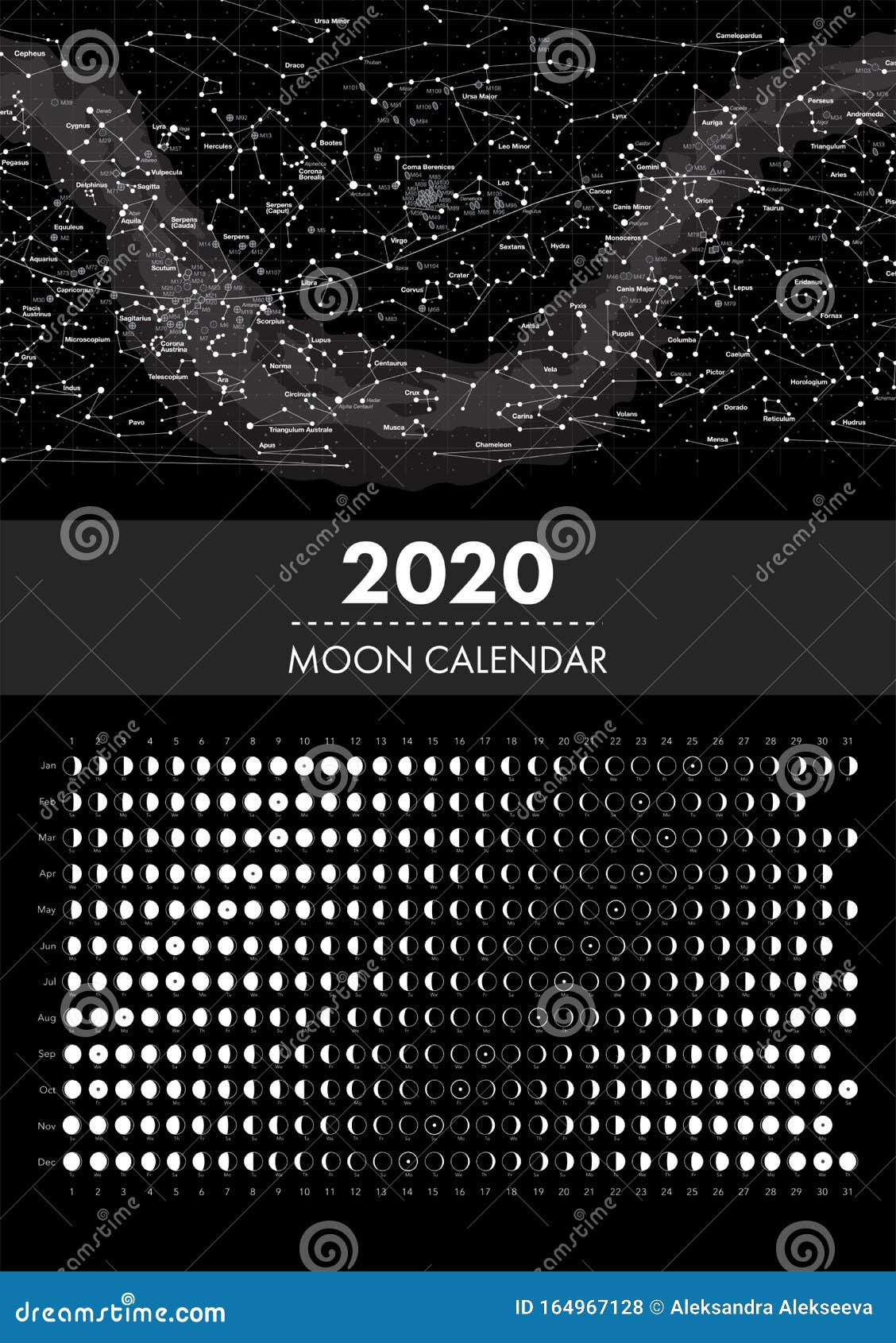 2020 Moon Phases Calendar Gray Astronomy Vector Chart | CartoonDealer ...