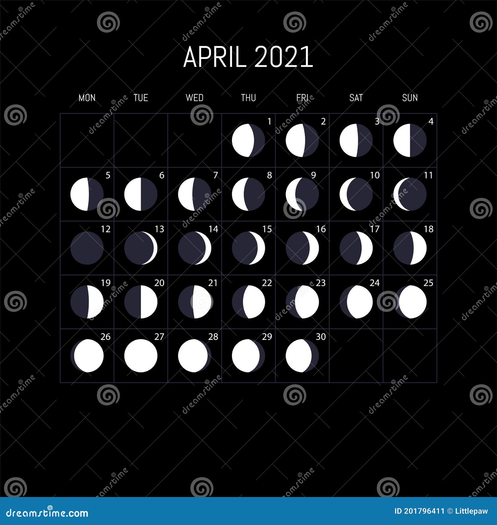 Moon Phases Calendar for 2021 Year. April. Night Background Design ...