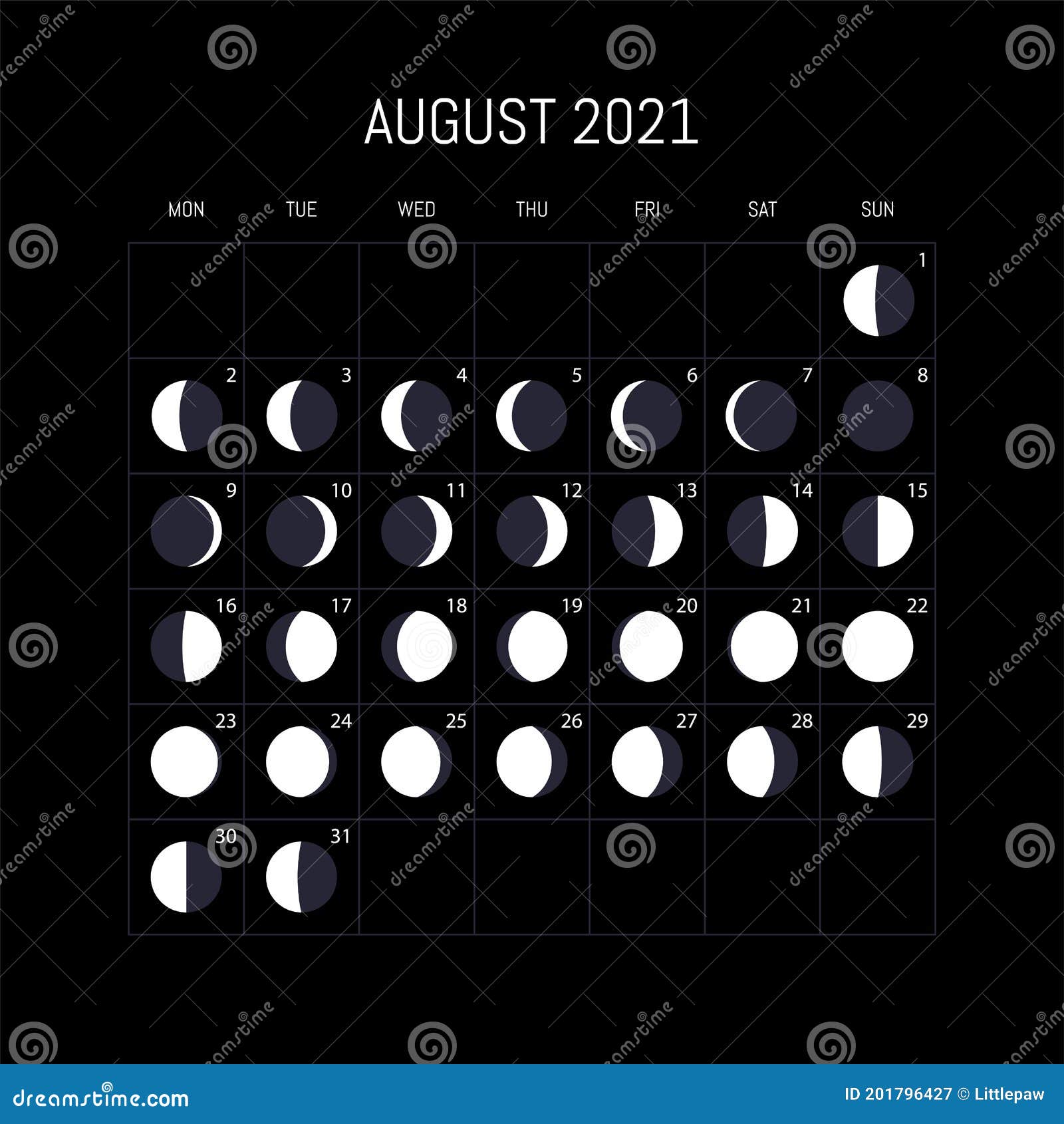 Moon Phases Calendar for 2021 Year. August. Night Background Design ...