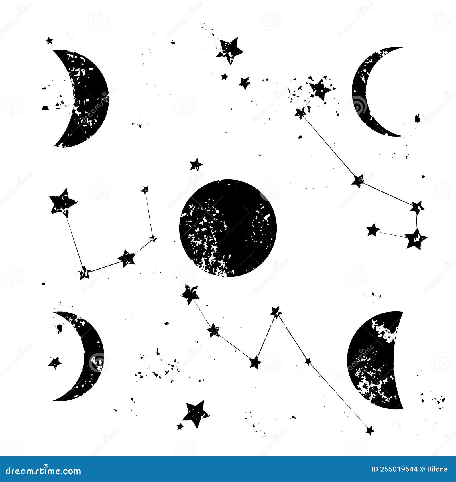 Moon Phases and Constellation Stars. Set of Vintage Hand Drawn Shiny ...