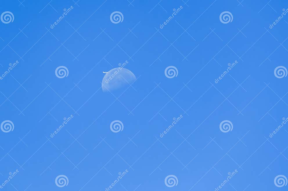 Daily Moon with Plane in the Blue Sky Stock Image - Image of round ...
