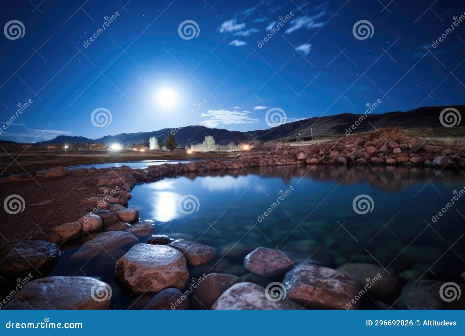 Moon Reflecting in a Quiet Hot Spring during Night Time Stock Photo ...