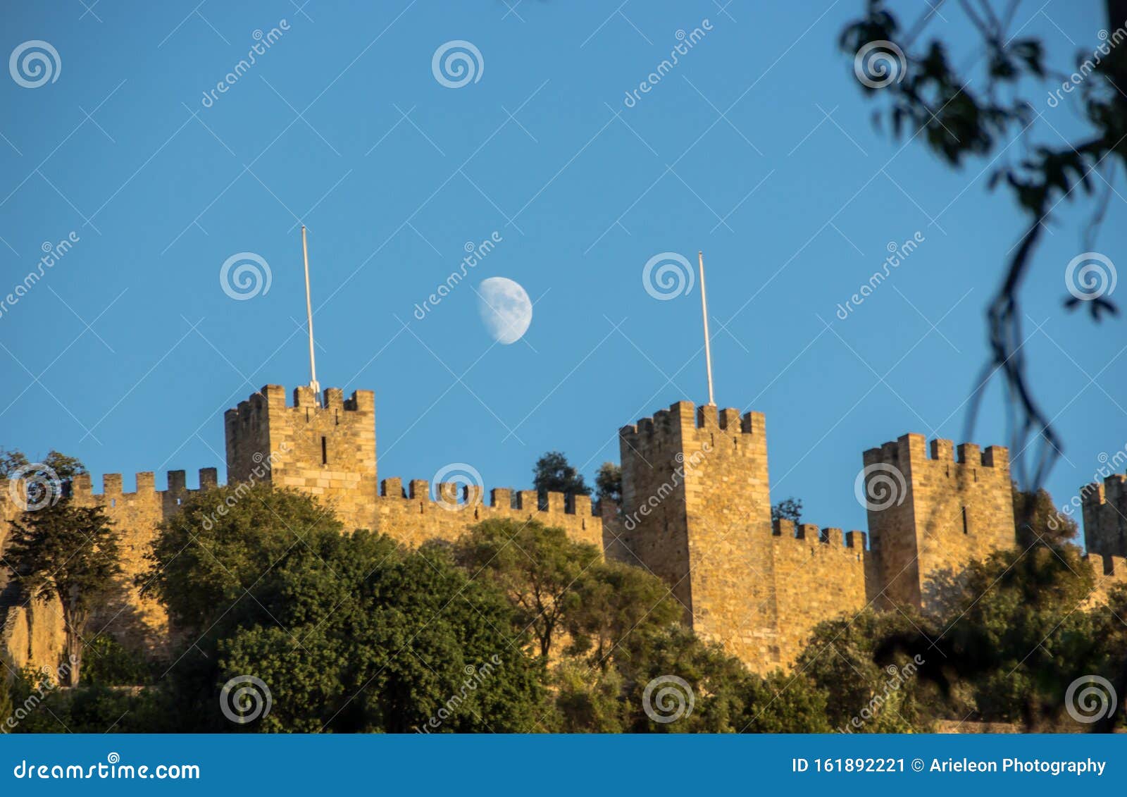 A moon reflects on castle stock image. Image of landscape - 161892221