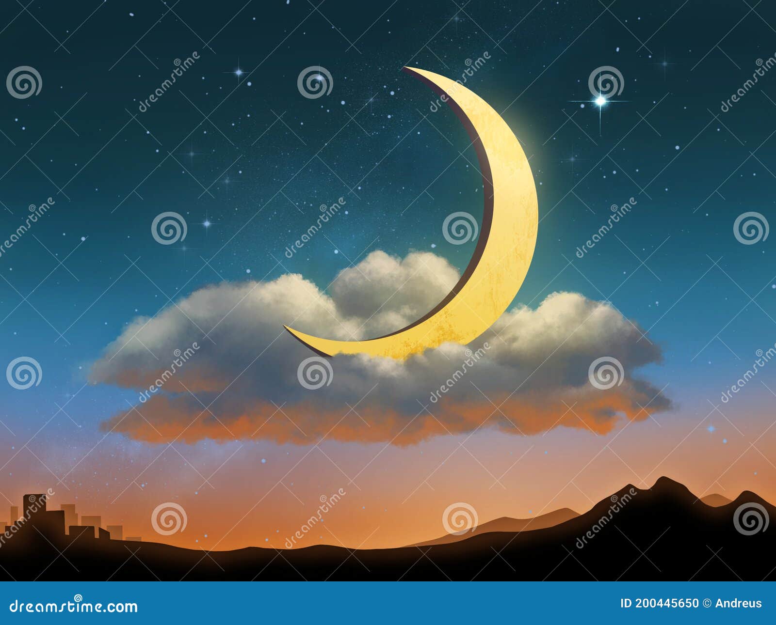 The Moon Resting on a Cloud Stock Illustration - Illustration of glow ...