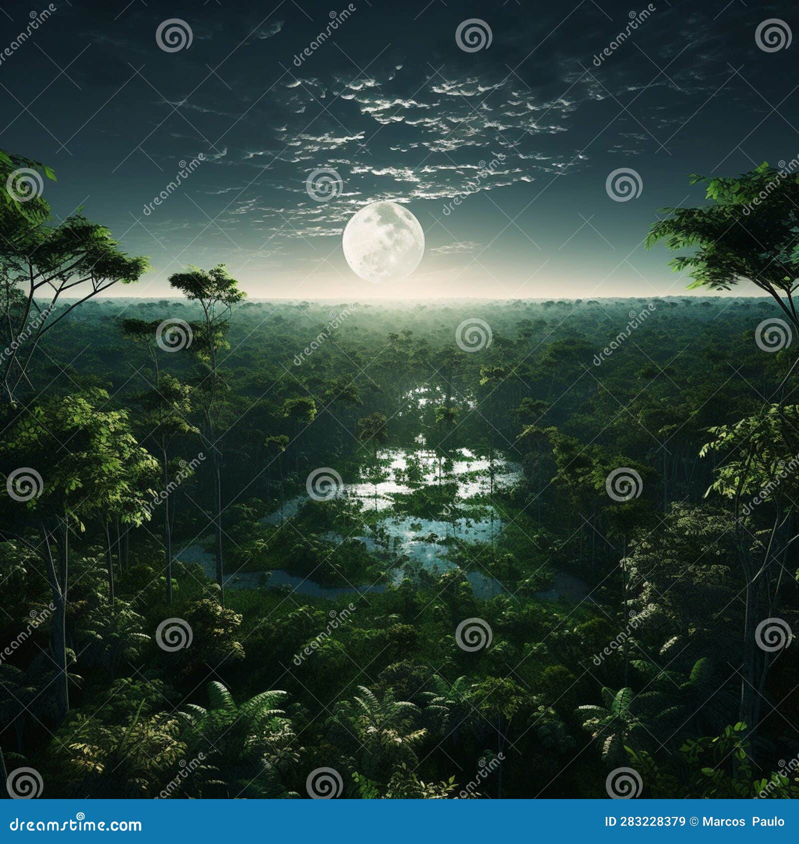 Moonrise in a Big Forest with a River in the Middle Stock Illustration ...