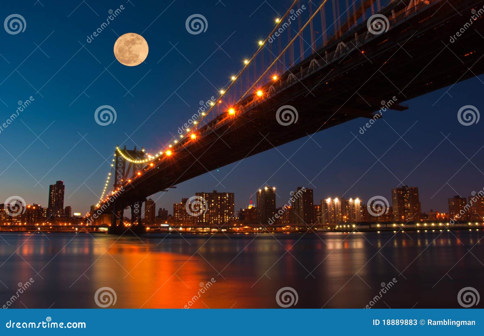 Moon Rising Over the Manhattan Bridge Stock Image - Image of bridge ...