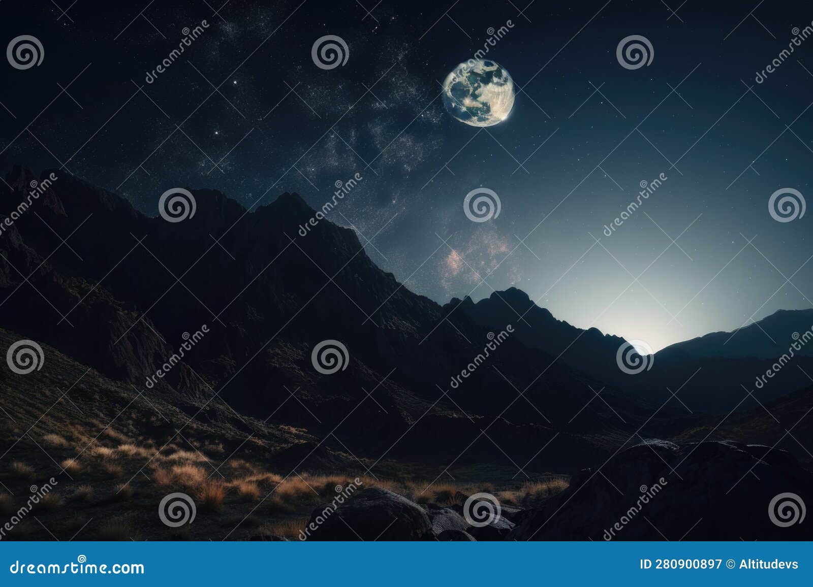 Moon Rising Over Mountain Range, with Clouds and Stars in the Sky Stock ...