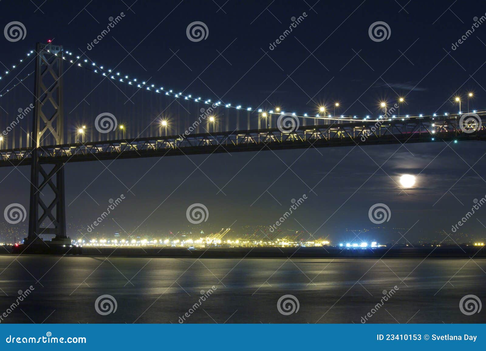 Moon Rising Under San Francisco Bay Bridge Stock Image - Image of ...