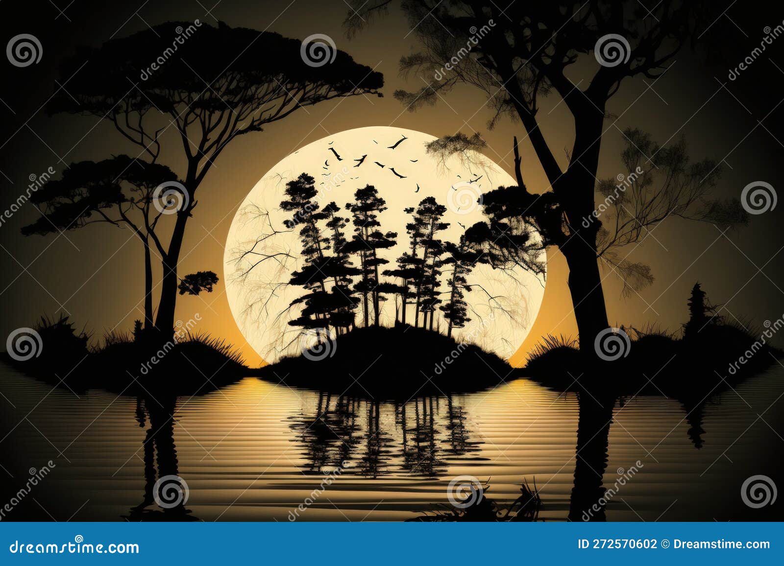 Moon Setting Over the Water and Silhouetted Trees Stock Illustration ...