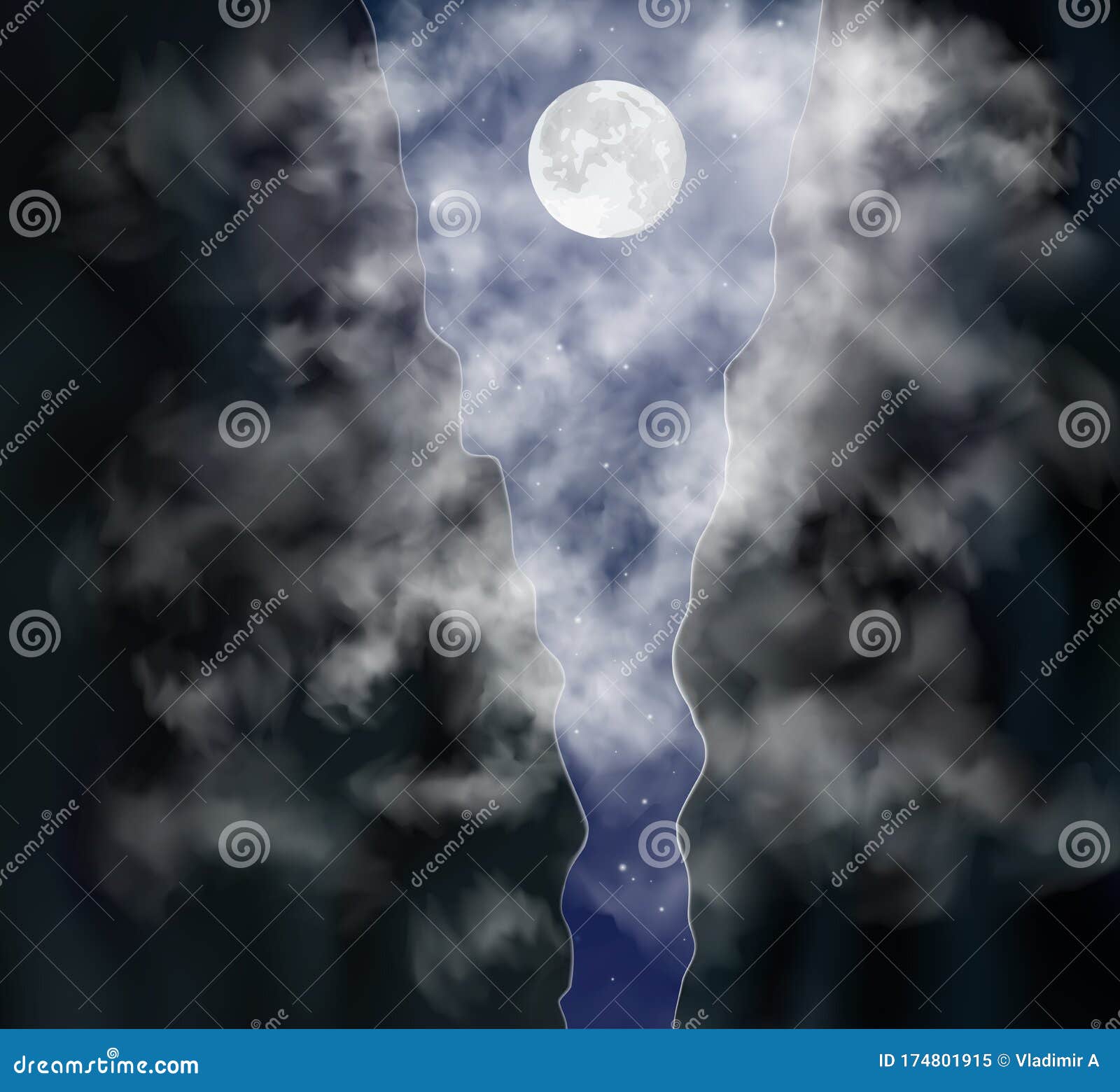 Moon Shines through the Smoke between Two Mountains at Night. Vector ...