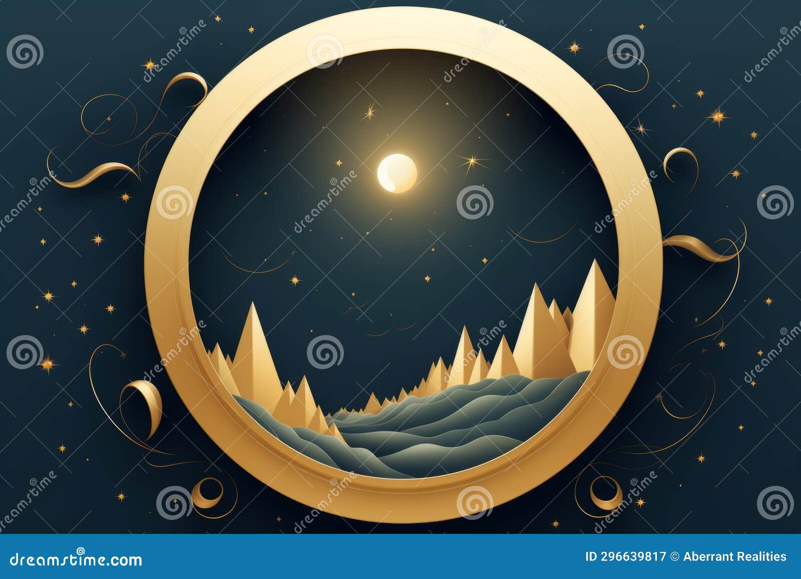 The Moon is Shining Over the Mountains in a Circular Frame Stock ...