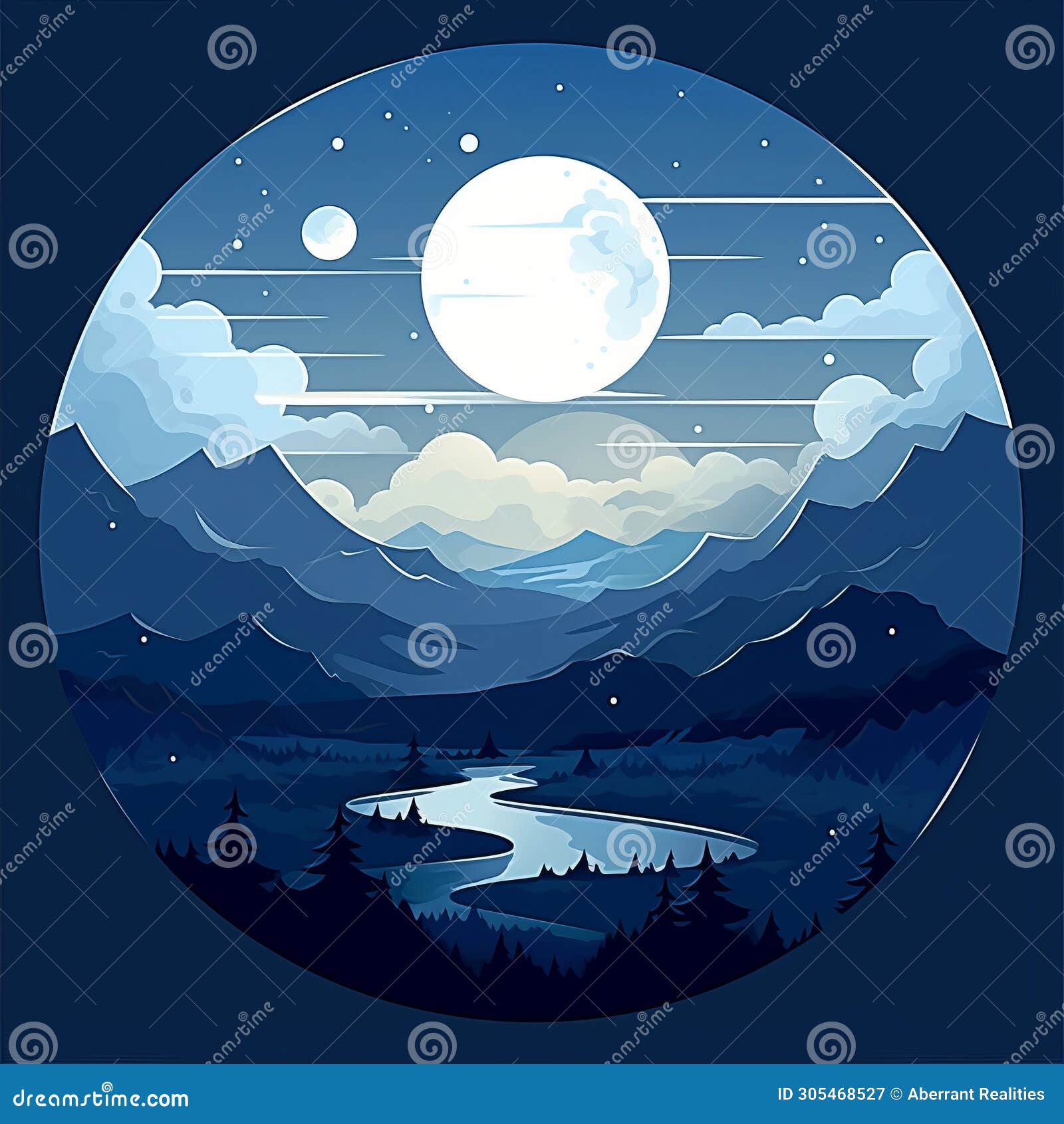 The Moon is Shining Over the Mountains and River Stock Illustration ...