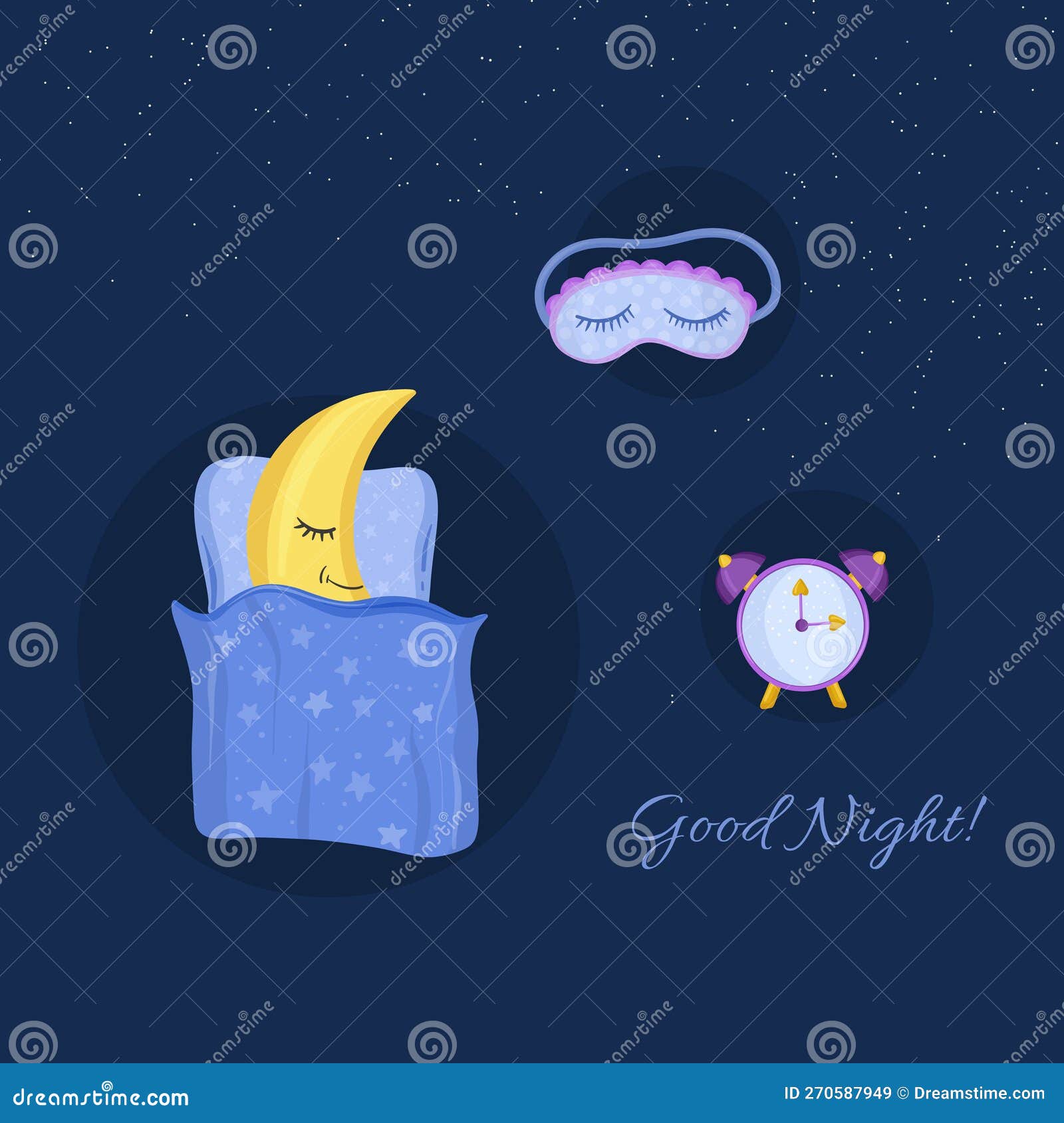 The Moon is Sleeping in the Bad. Good Night Items Stock Vector ...