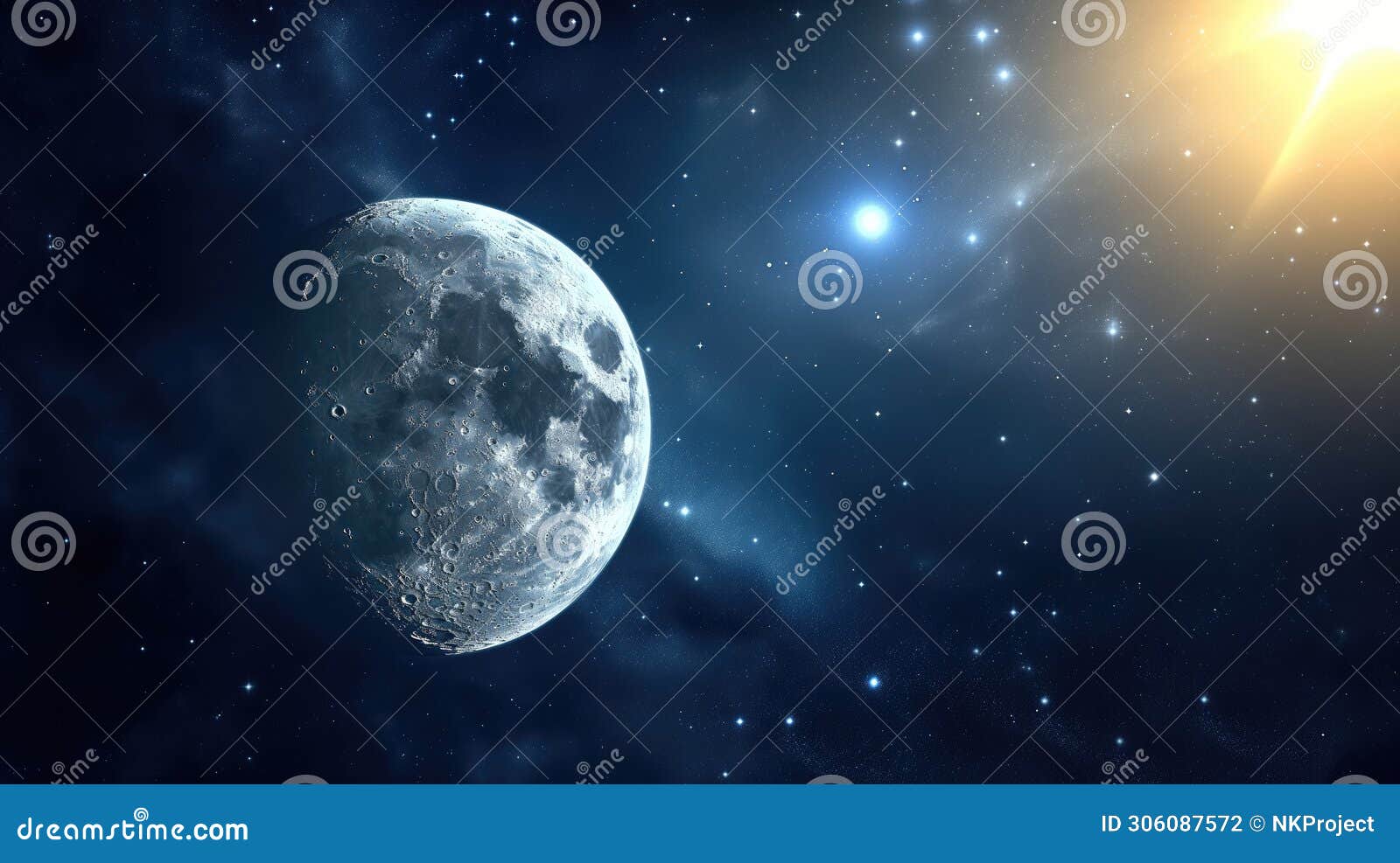 Moon in Space in Front of Sun with Yellow Falling Sun Rays. Universe ...