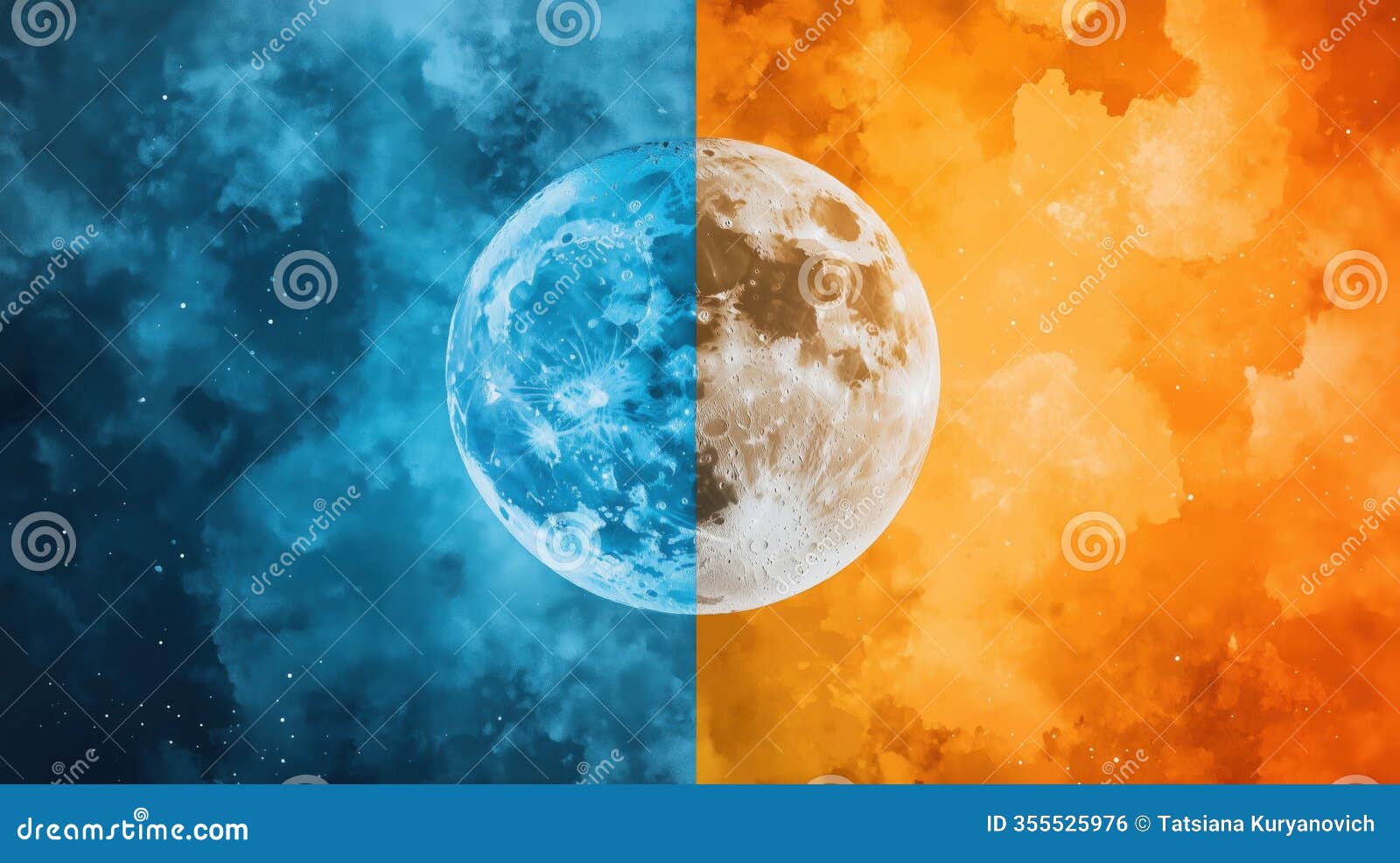 Moon Split between Blue and Orange Backgrounds, Celestial Art, Vibrant ...