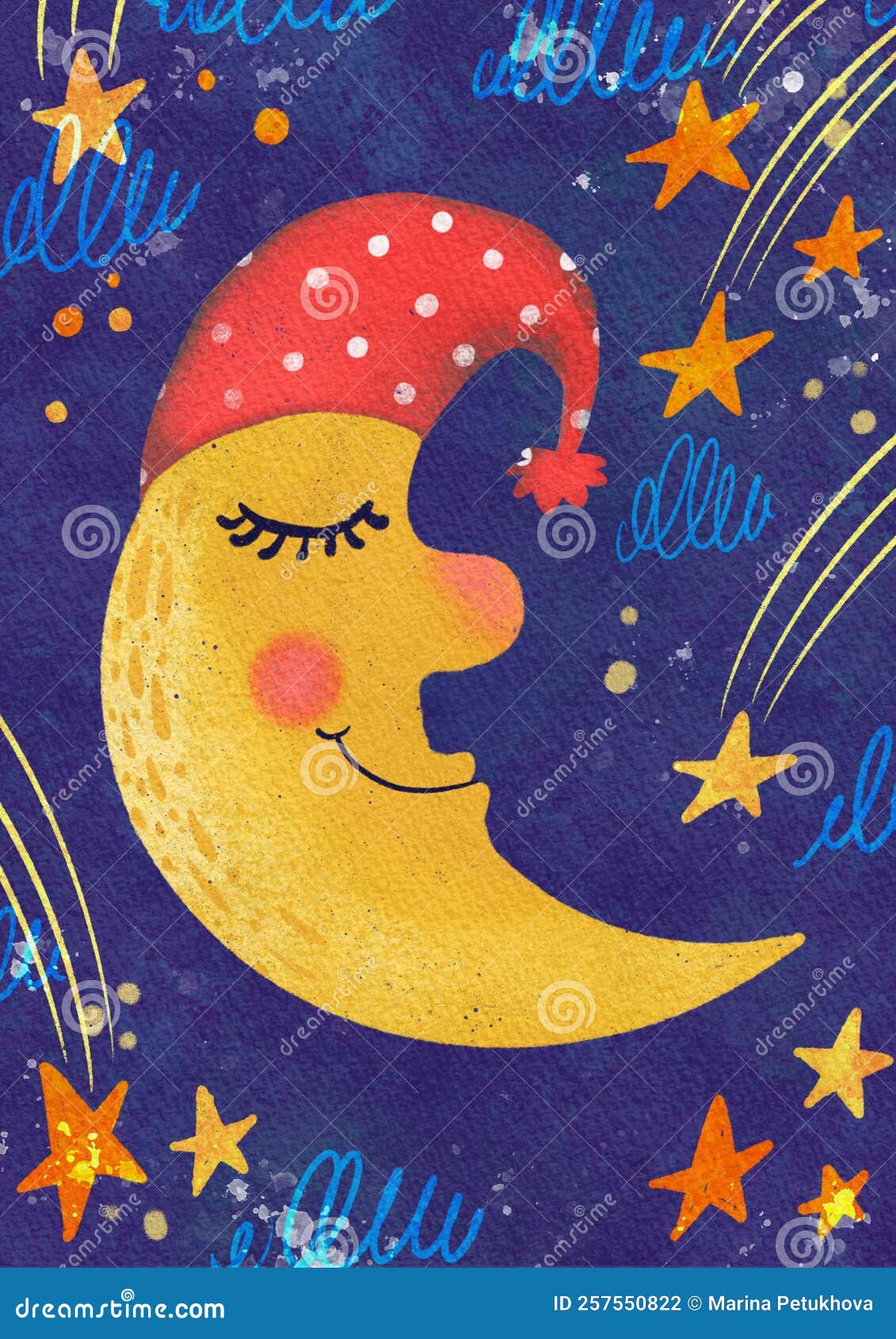 Cute Sleeping Moon, Stars and Clouds Drawn in Cartoon Style on the Blue ...