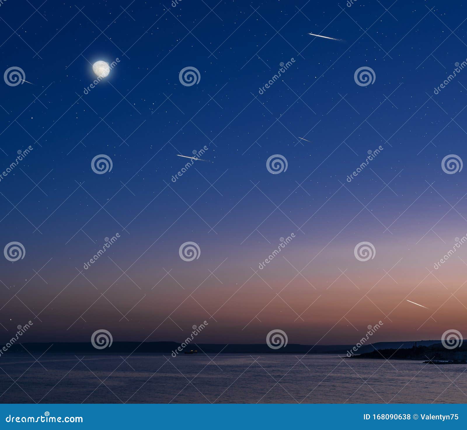 Moon and Stars Over the Calm Sea Stock Photo - Image of moonlight, moon ...