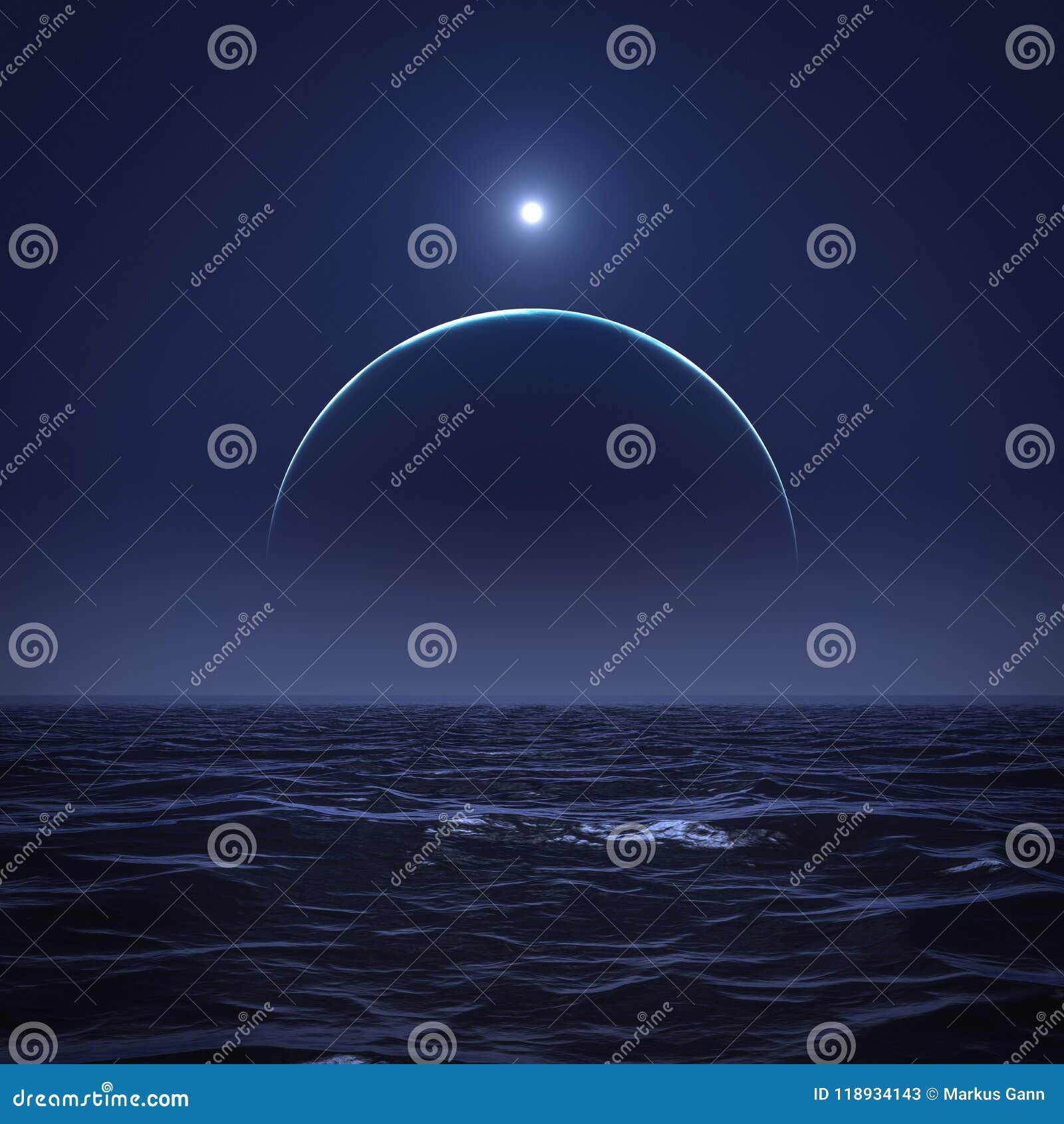 The Moon and the Sun Over the Ocean Stock Illustration - Illustration ...