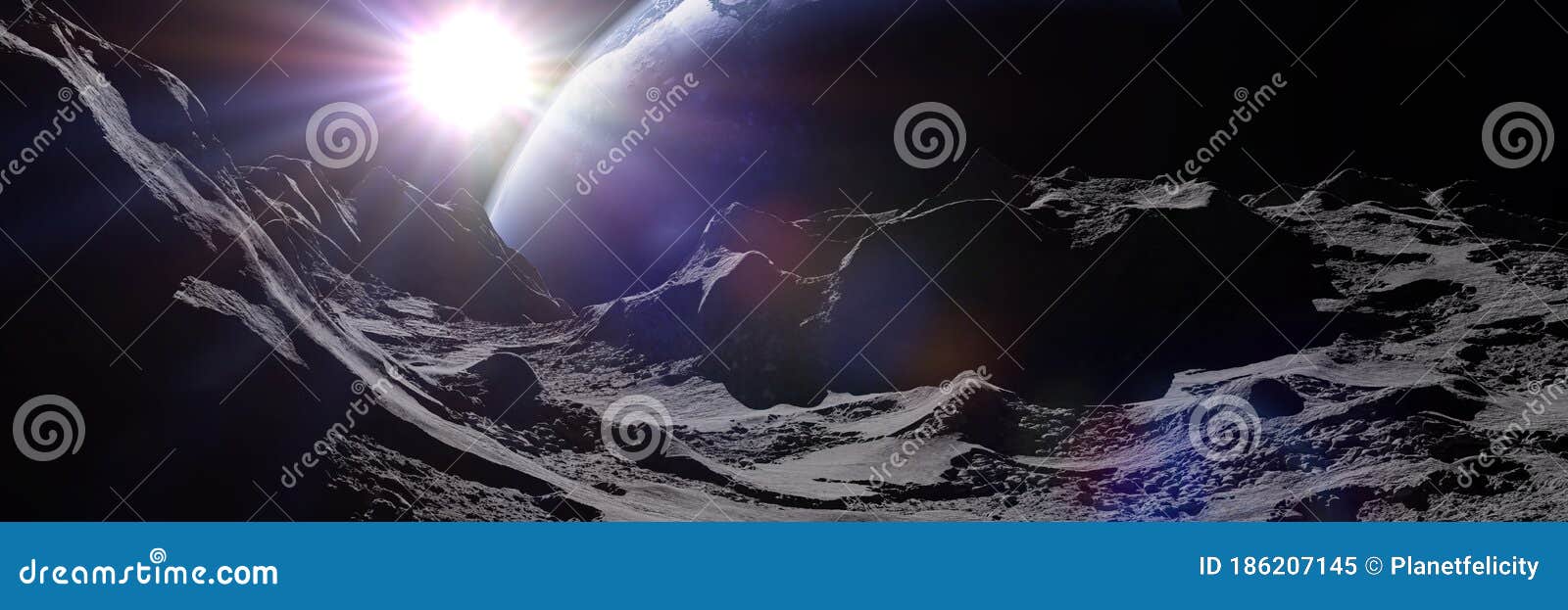 Moon Surface, Lunar Landscape with Planet Earth on the Horizon Stock ...