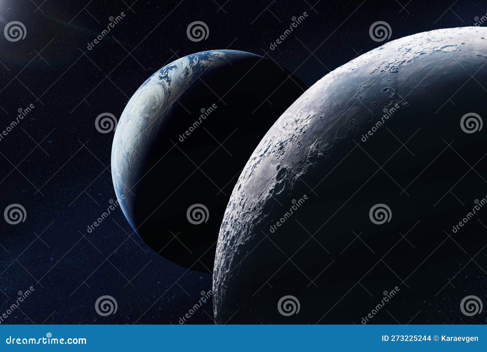 Moon Surface View from Outer Space with Earth Planet. Moonlight in Dark ...