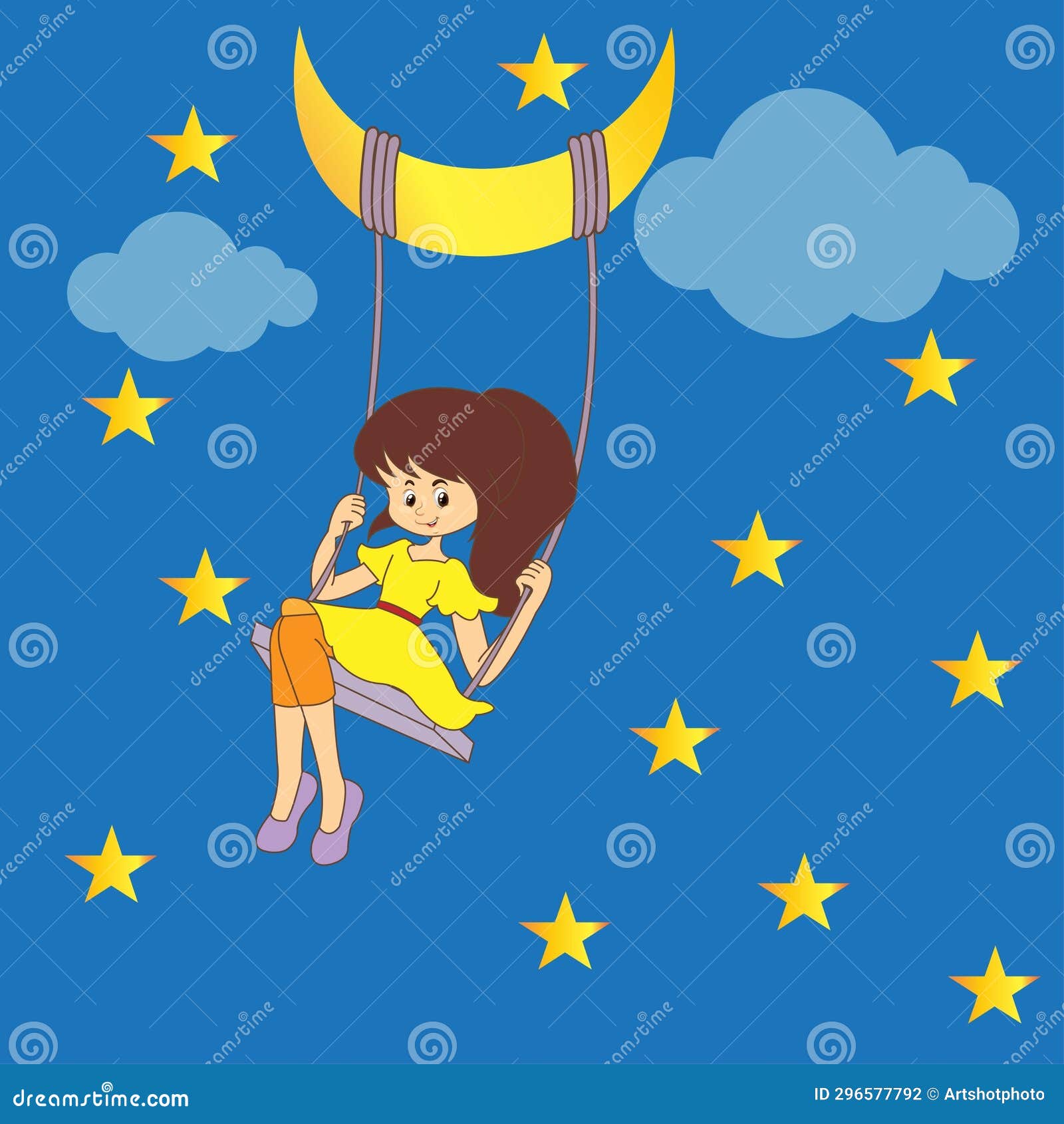 Girl on a Swing Hanging on Moon Stock Illustration - Illustration of ...