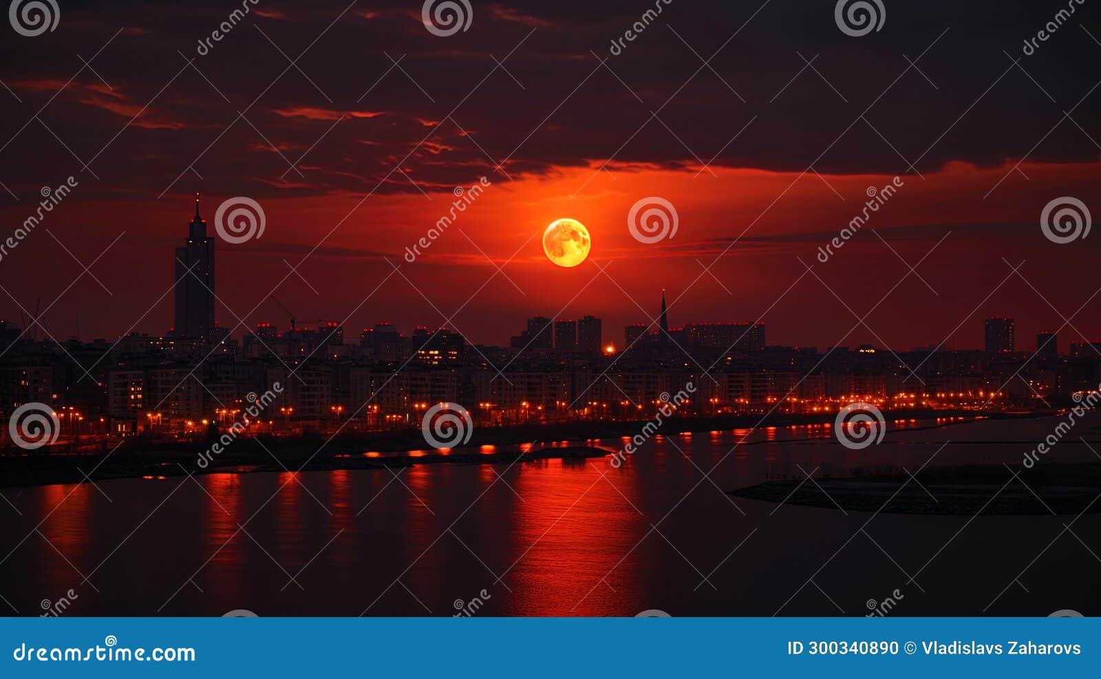 Moon Symphony: Big Red Moon in the Center of the City Sky Stock ...