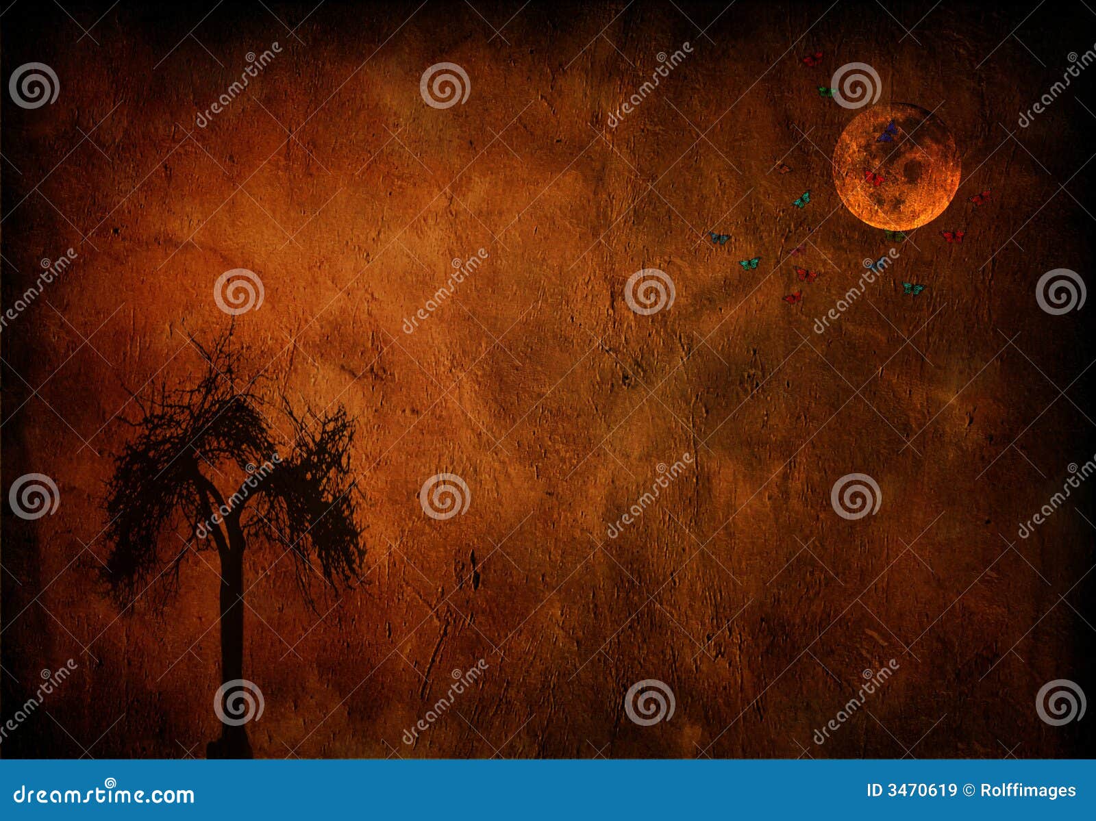Big Moon, Tree On Top Of Terrible Mountain In River Artwork. Old Dead ...