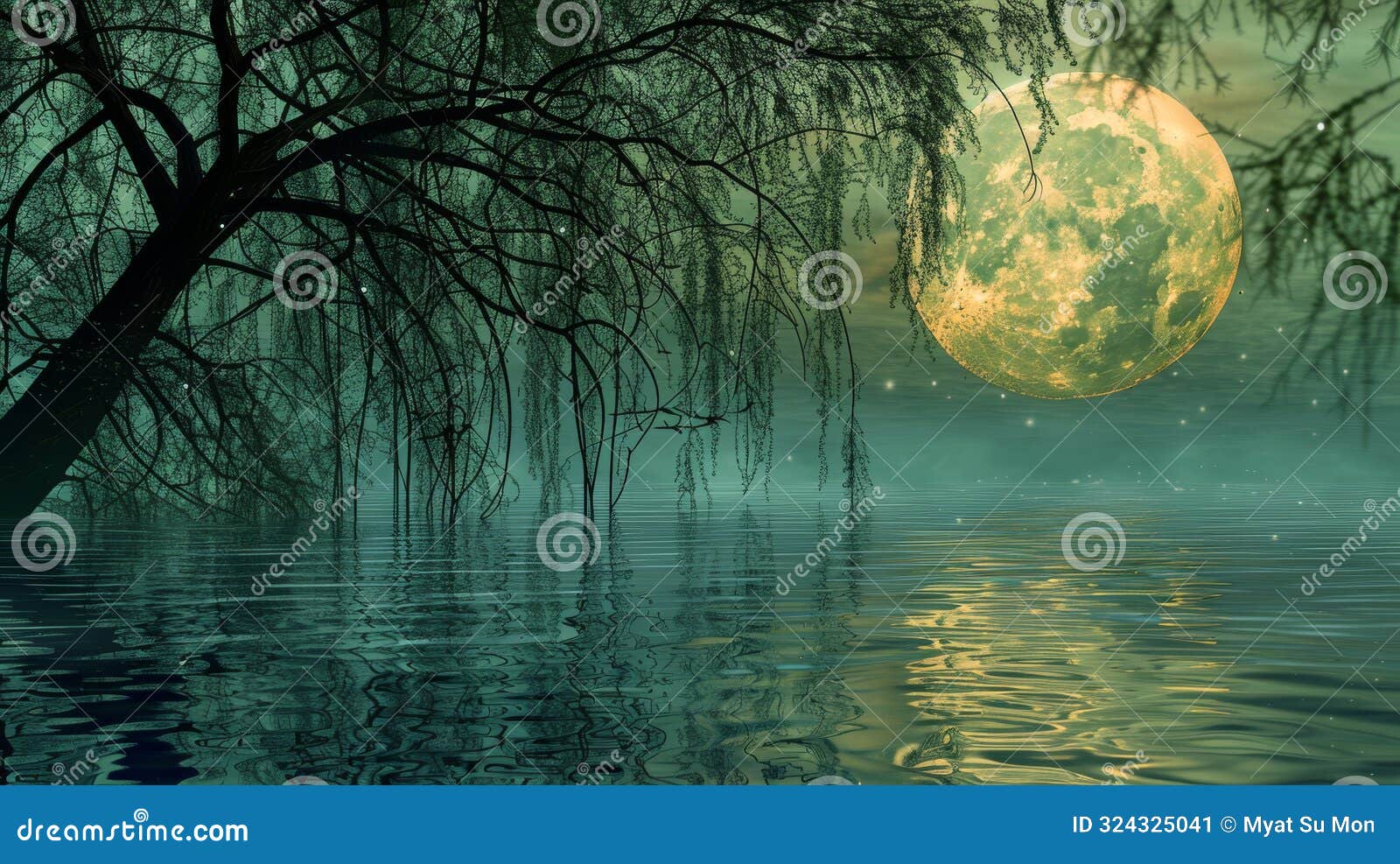 A Fantasy Background with the Moon and Trees, Including a Weeping ...