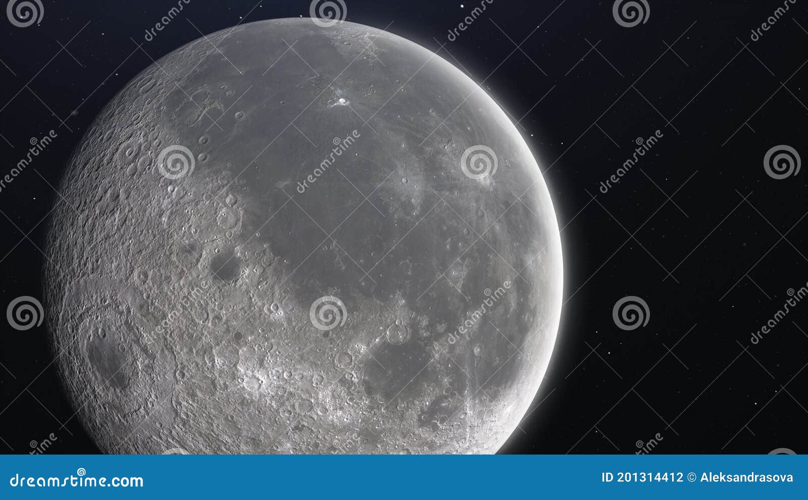 The Moon View. Earth`s Natural Satellite Surface. 3d Render with Place ...