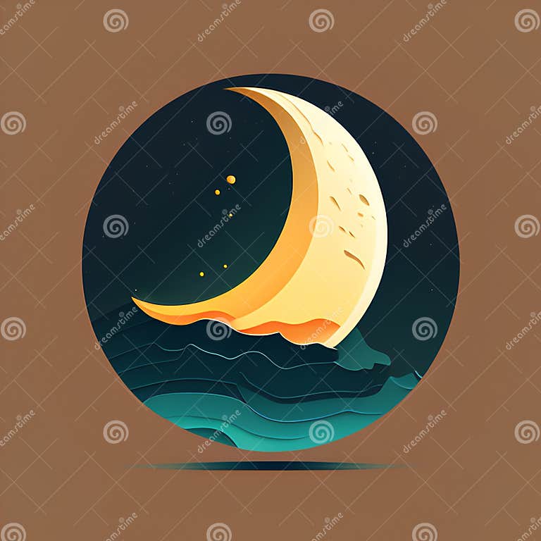 Moon and Waves in the Night Sky. Vector Illustration in Flat Style ...